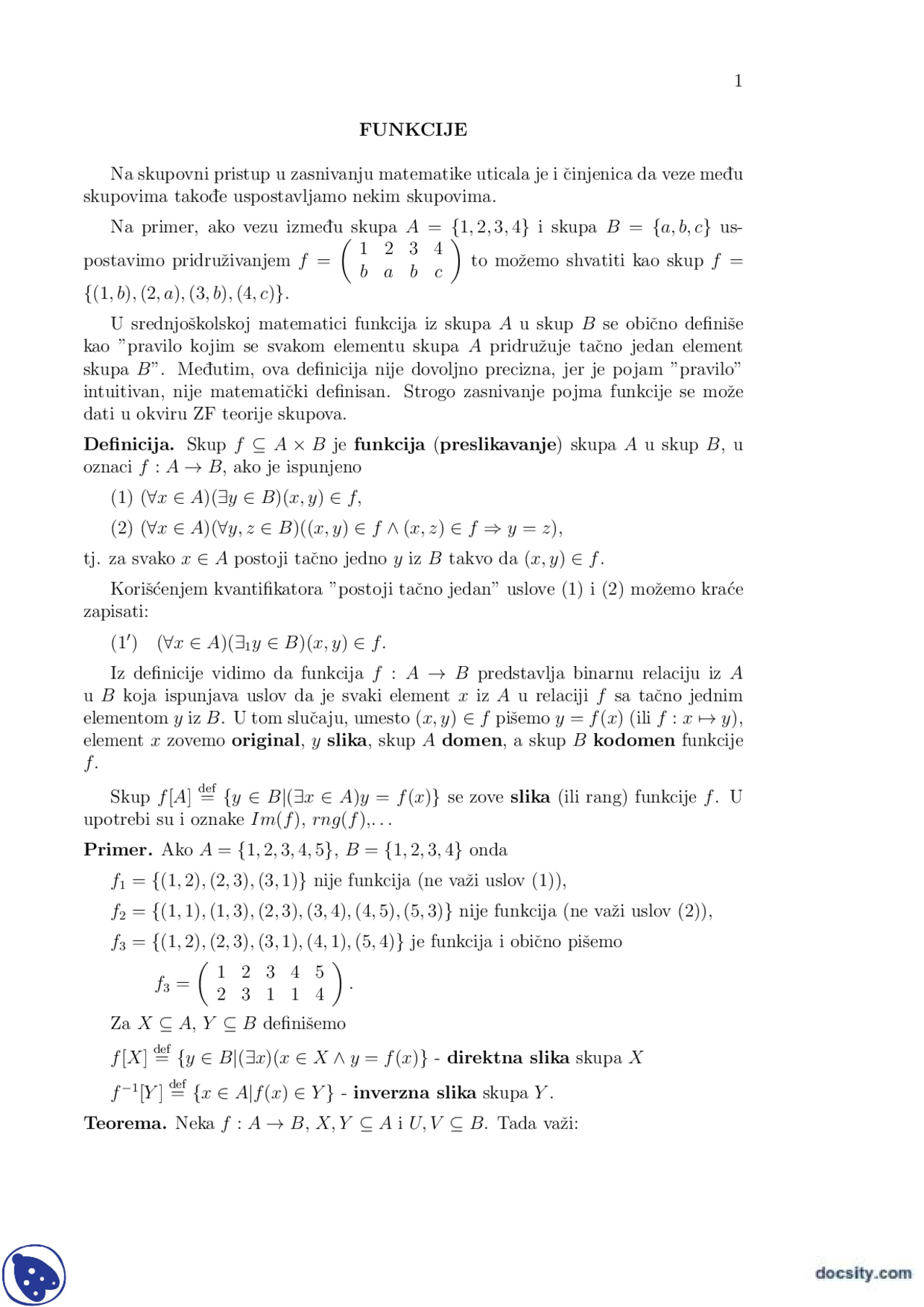 Funkcije-Beleska-Matematicka logika i teorija skupova-Matematika | Beleške' predlog Logika - Docsity