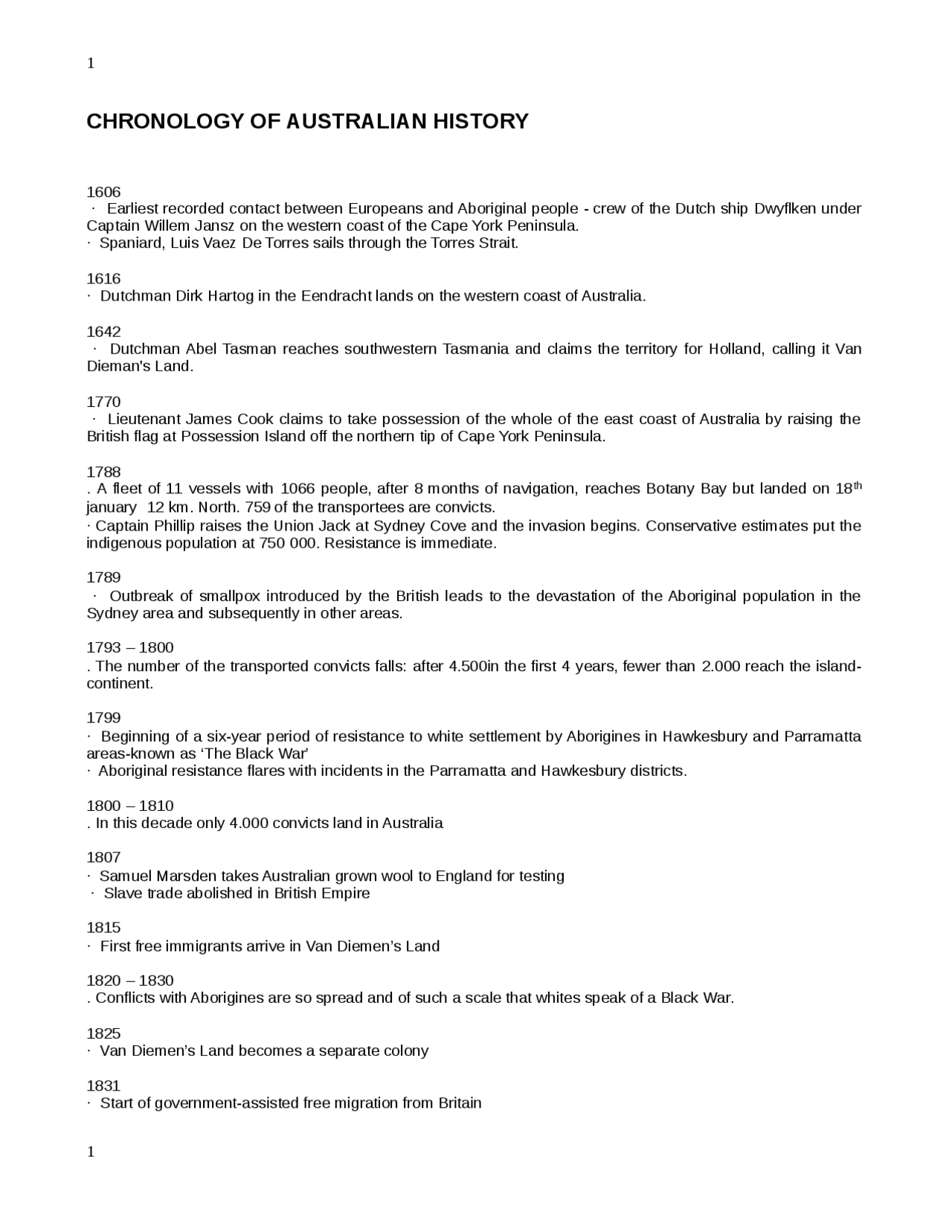 AUSTRALIA: Chronology of Australian History - Docsity