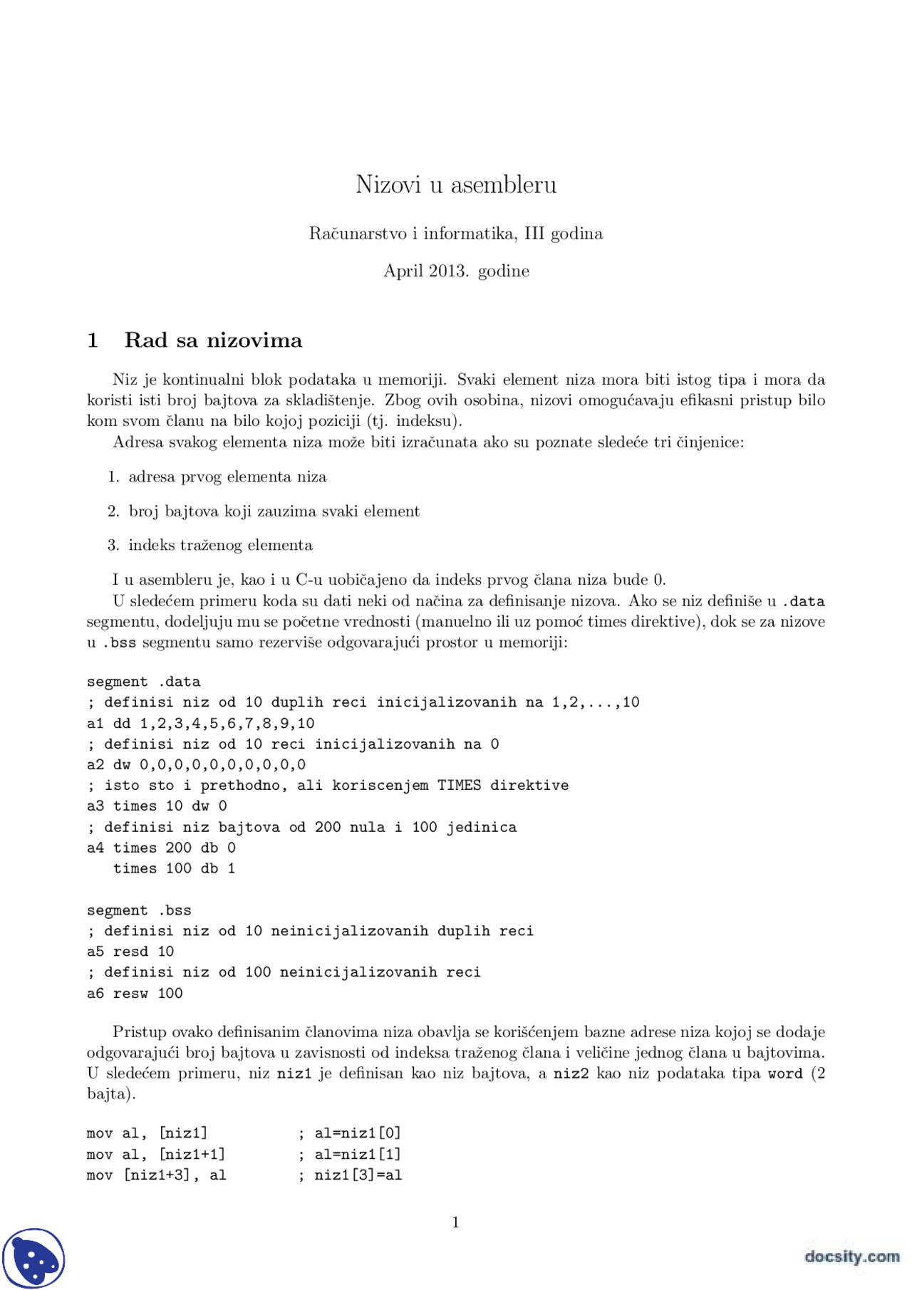 Nizovi u asembleru-Beleska-Informatika i racunarstvo | Beleške' predlog Računarstvo i ...