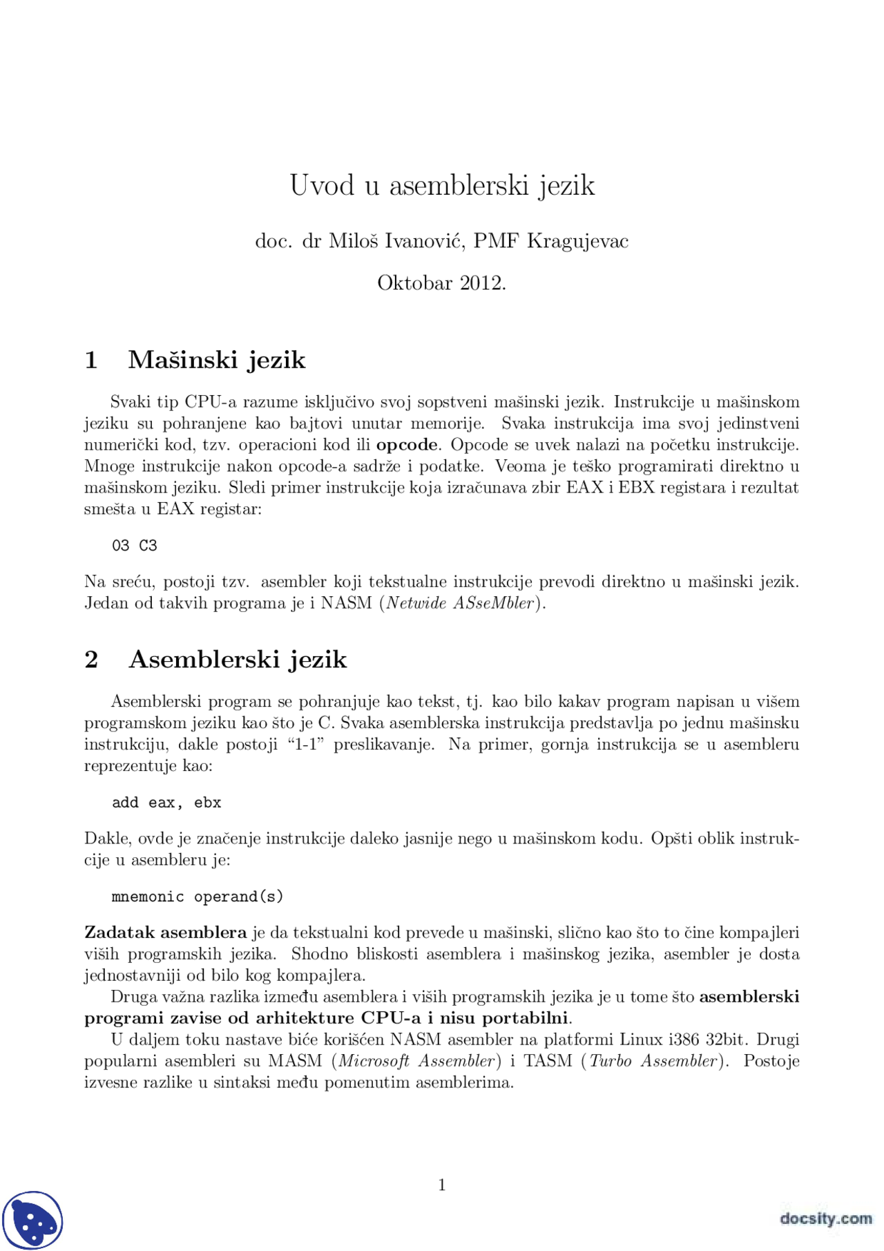 Uvod u asemblerski jezik-Beleska-Informatika i racunarstvo | Beleške' predlog Računarstvo i ...