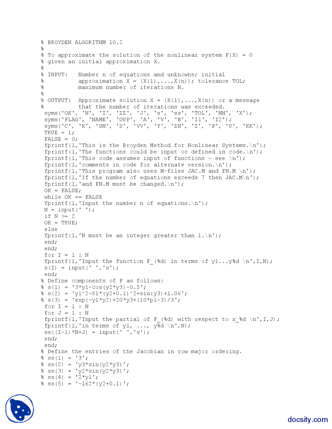 Broyden Algorithm Non Linear System Numerical Analysis Matlab Code Docsity
