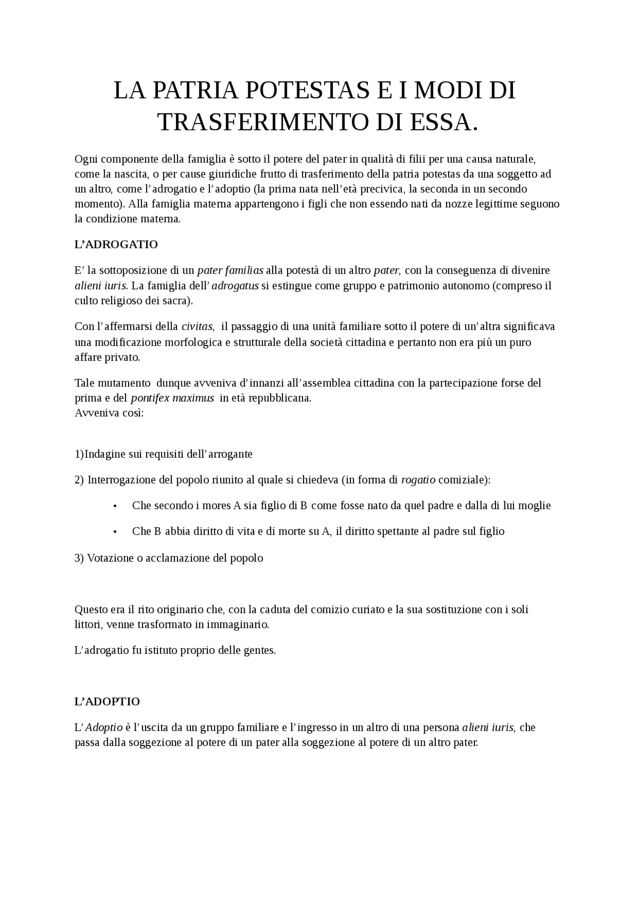 LA PATRIA POTESTAS E MODI DI TRASFERIMENTO DI ESSA - Docsity