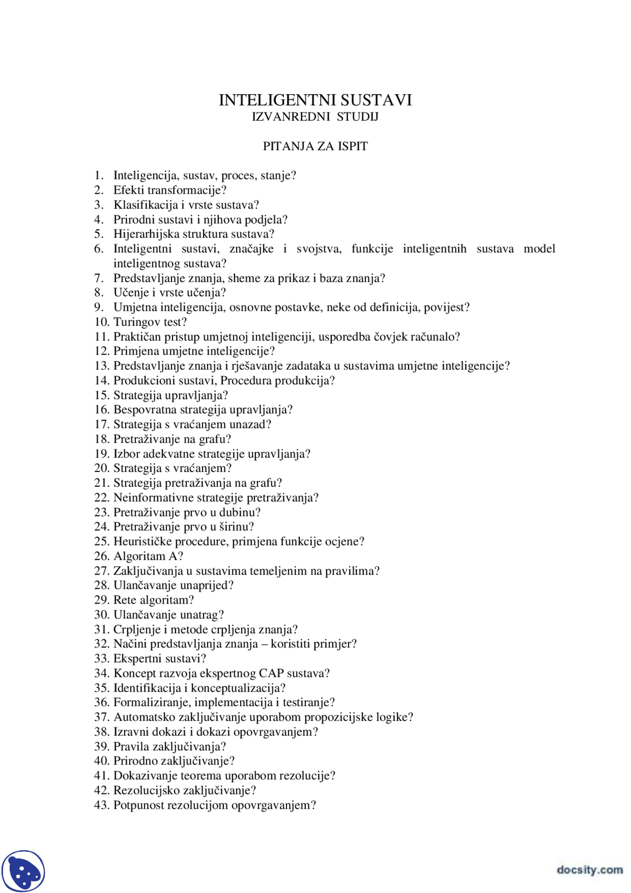 Ispitna Pitanja Ispit Inteligentni Sistemi Informatika Ispiti