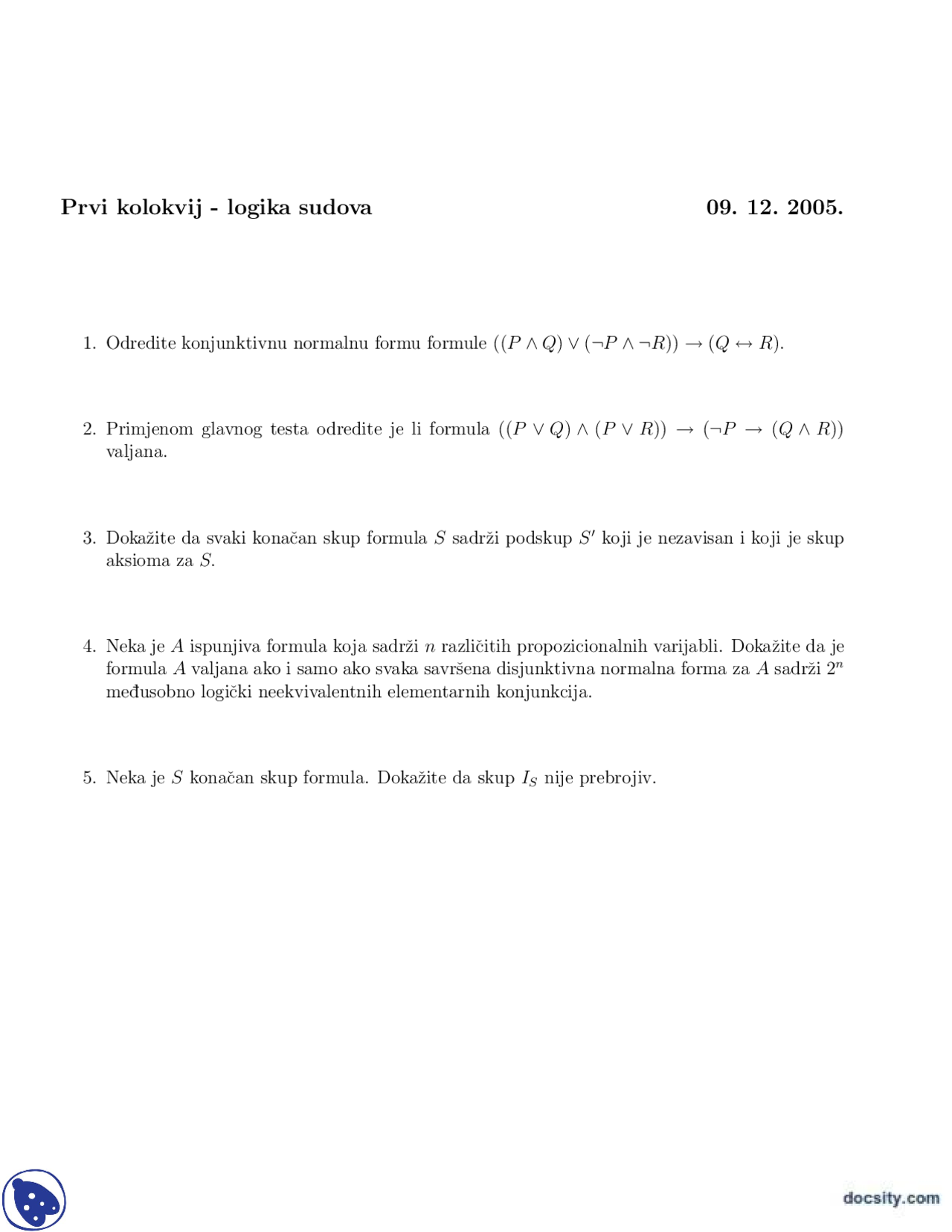 Kolokvijumi-Ispit-Matematicka logika-Matematika (3) | Ispiti' predlog Logika - Docsity