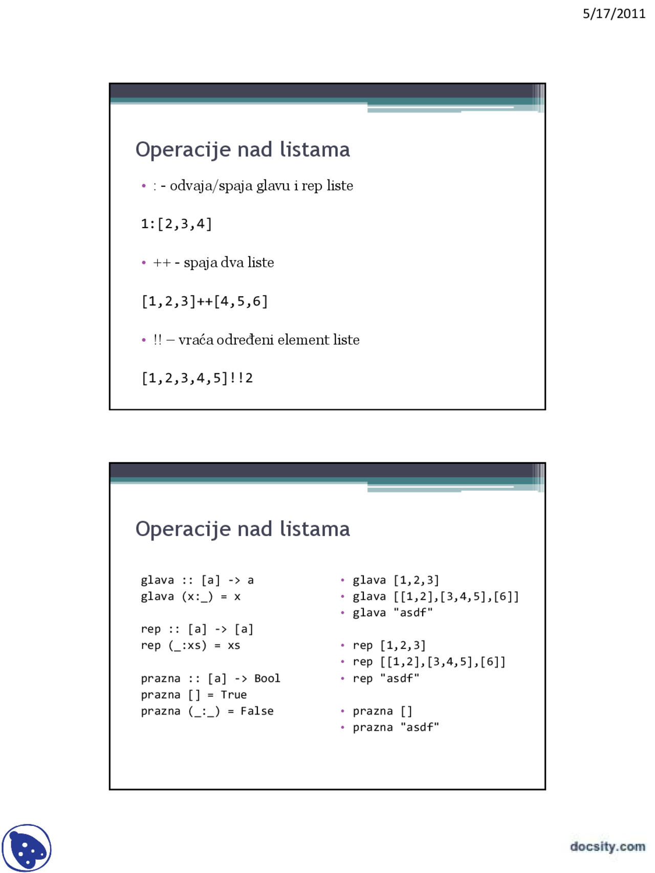 Operacijenadlistama-Vezbe-Teorijsko racunarstvo-Informatika | Vežbe' predlog Informatika - Docsity