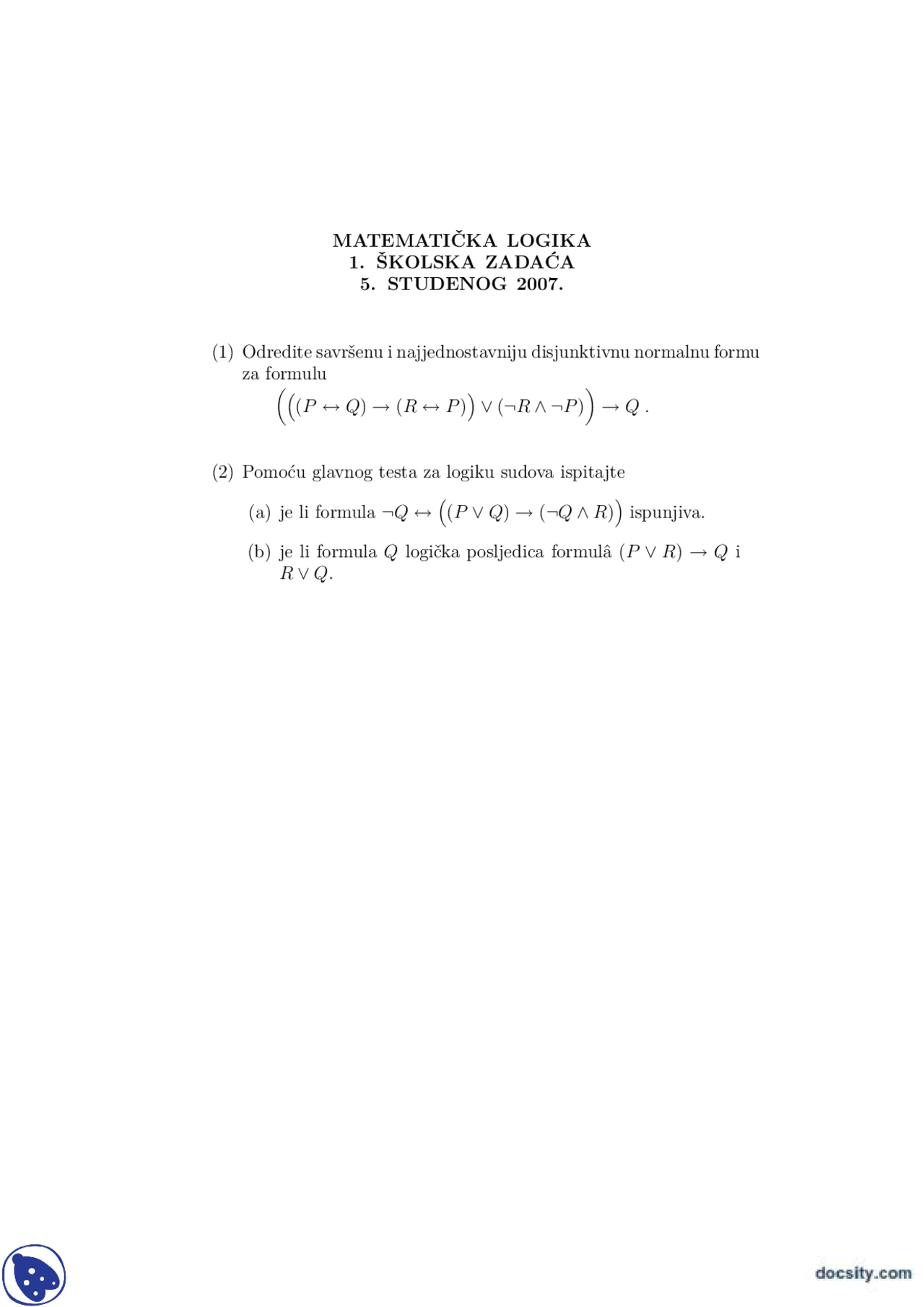 Zadatak-Vezbe-Matematicka logika-Matematika (11) | Vežbe' predlog Logika - Docsity