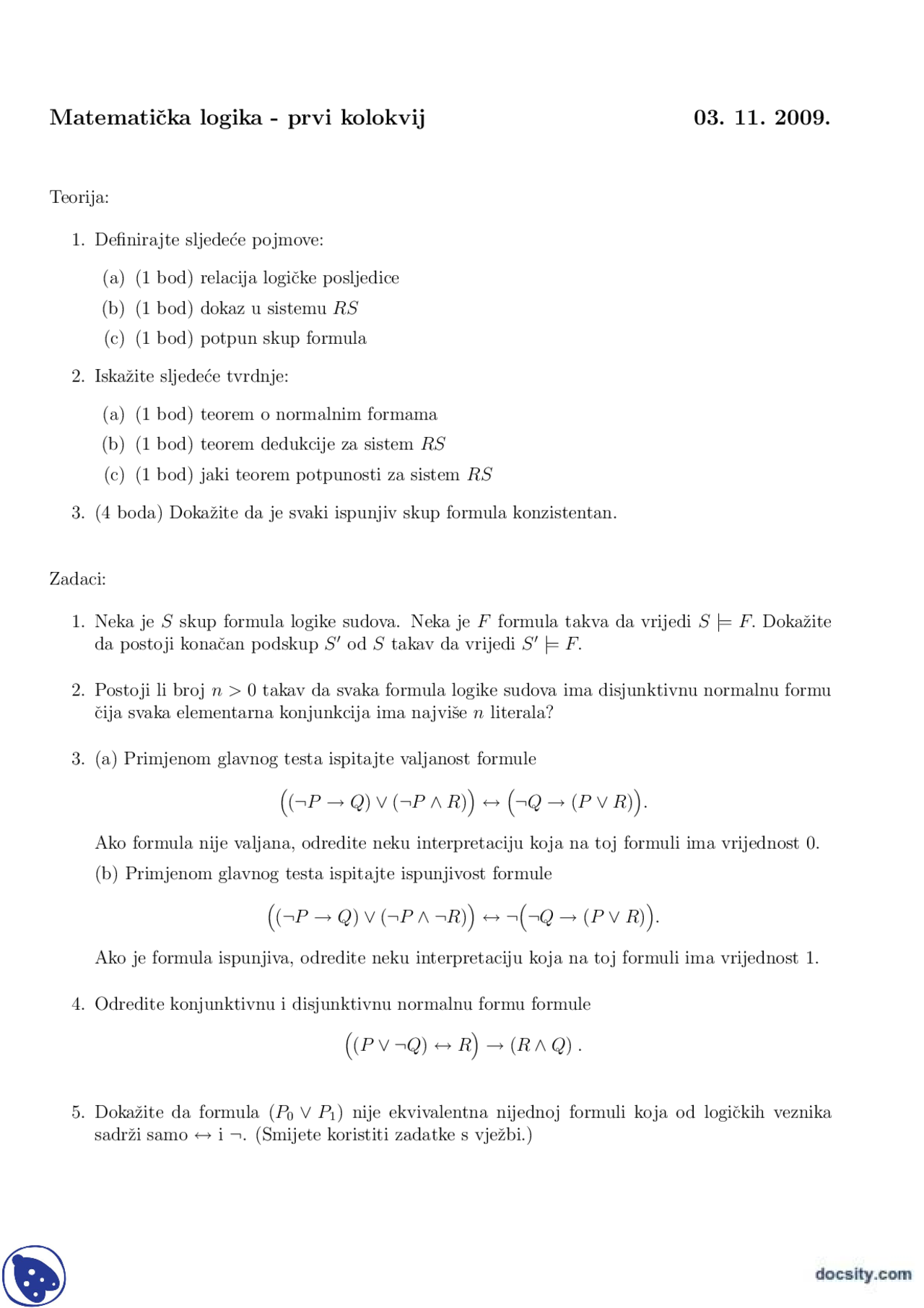 Kolokvijumi-Ispit-Matematicka logika-Matematika (5) | Ispiti' predlog Logika - Docsity