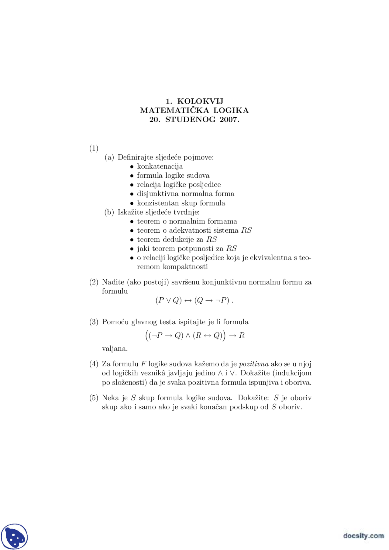 Kolokvijumi-Ispit-Matematicka logika-Matematika (1) | Ispiti' predlog Logika - Docsity