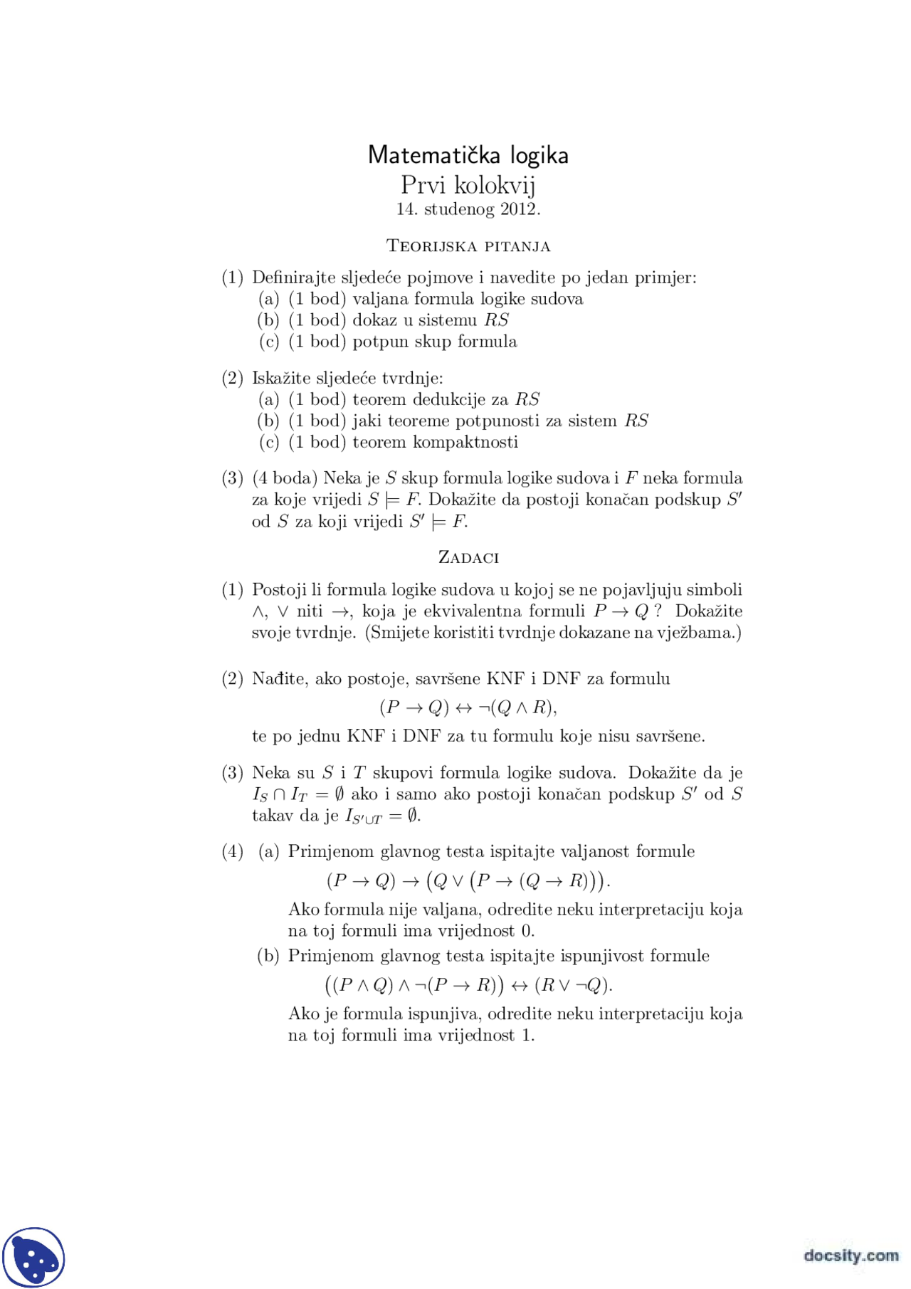 Kolokvijumi-Ispit-Matematicka logika-Matematika (6) | Ispiti' predlog Logika - Docsity