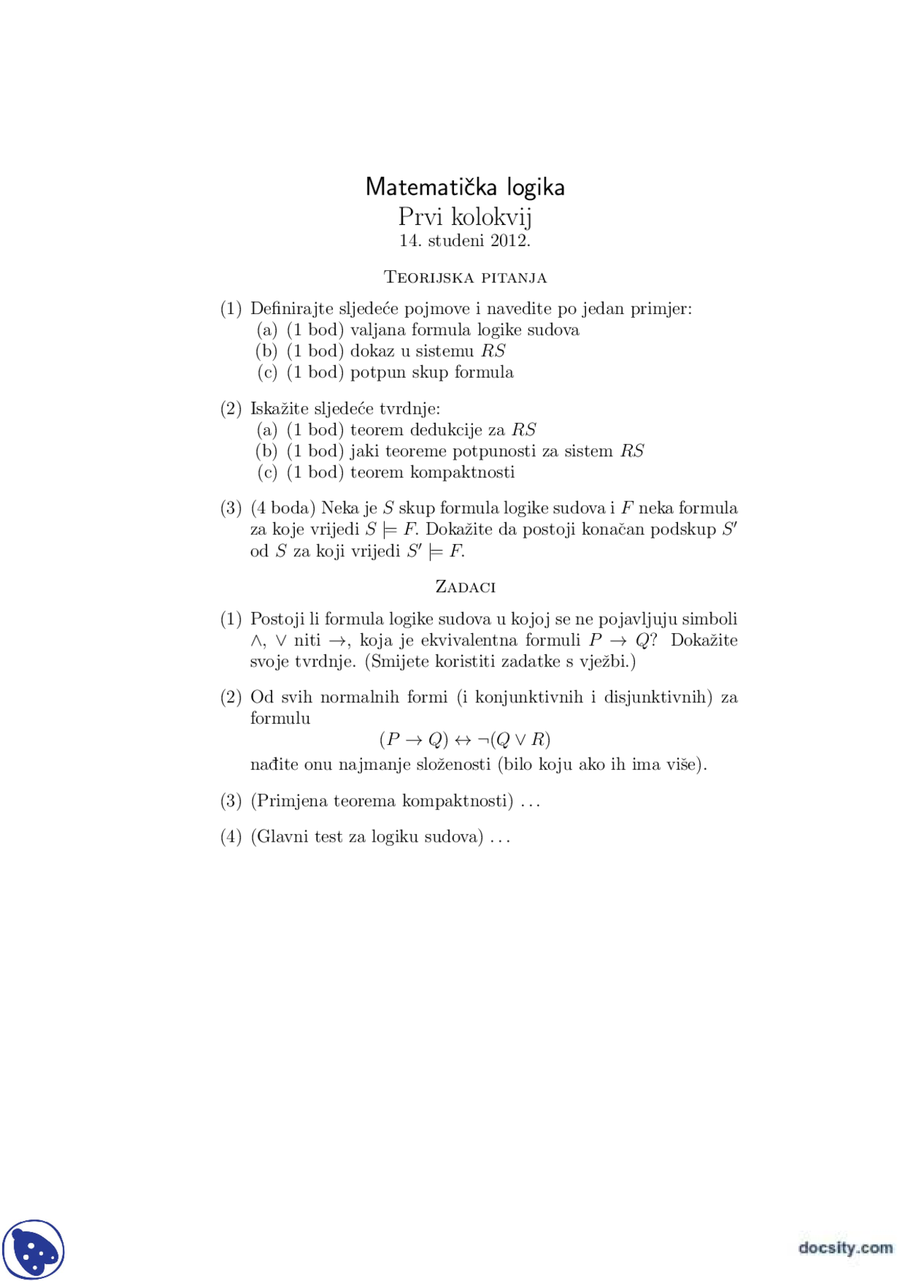 Kolokvijumi-Ispit-Matematicka logika-Matematika (7) | Ispiti' predlog Logika - Docsity