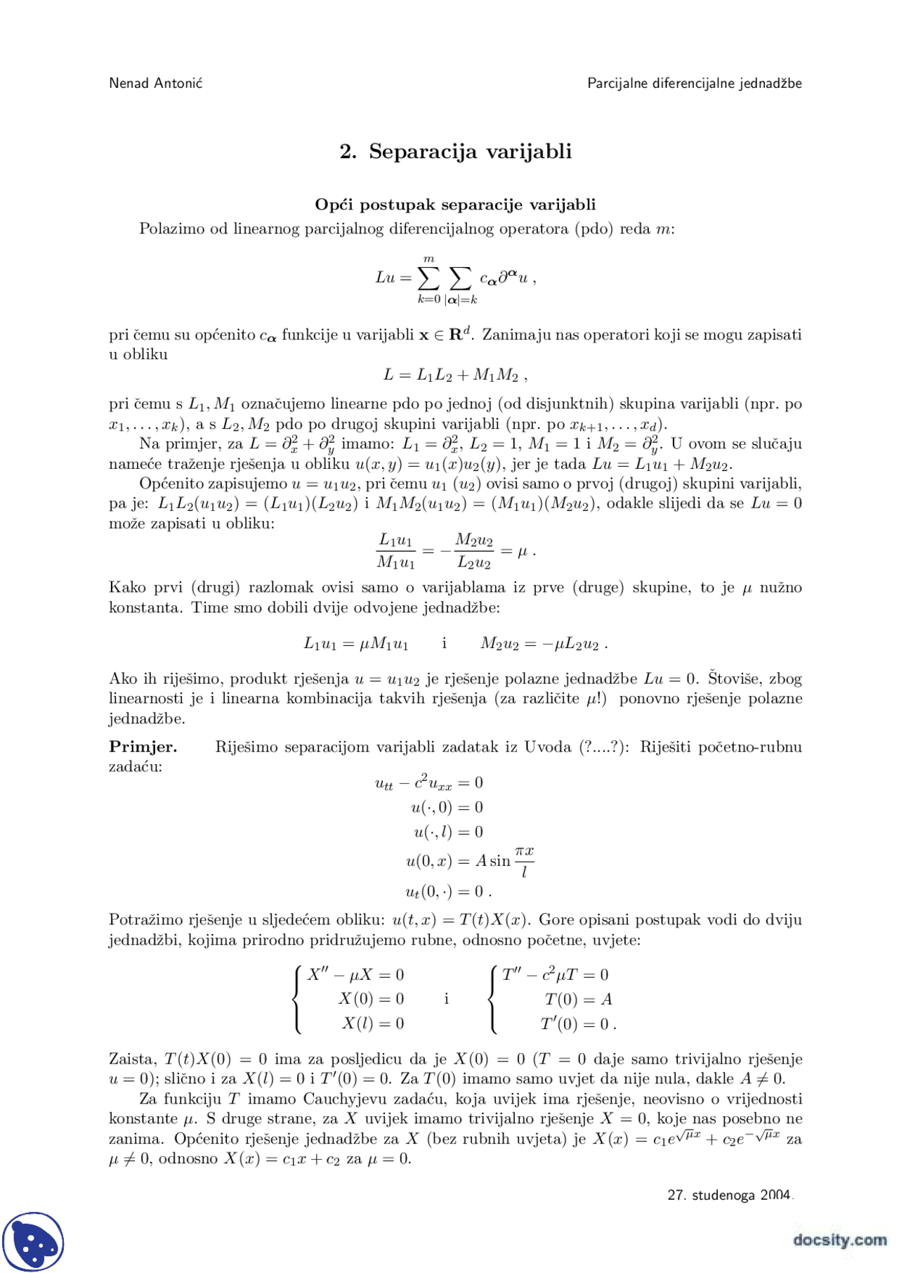 Separacija varijabli-Skripta-Parcijalne diferencijalne jednacine-Matematika | Rezime' predlog ...
