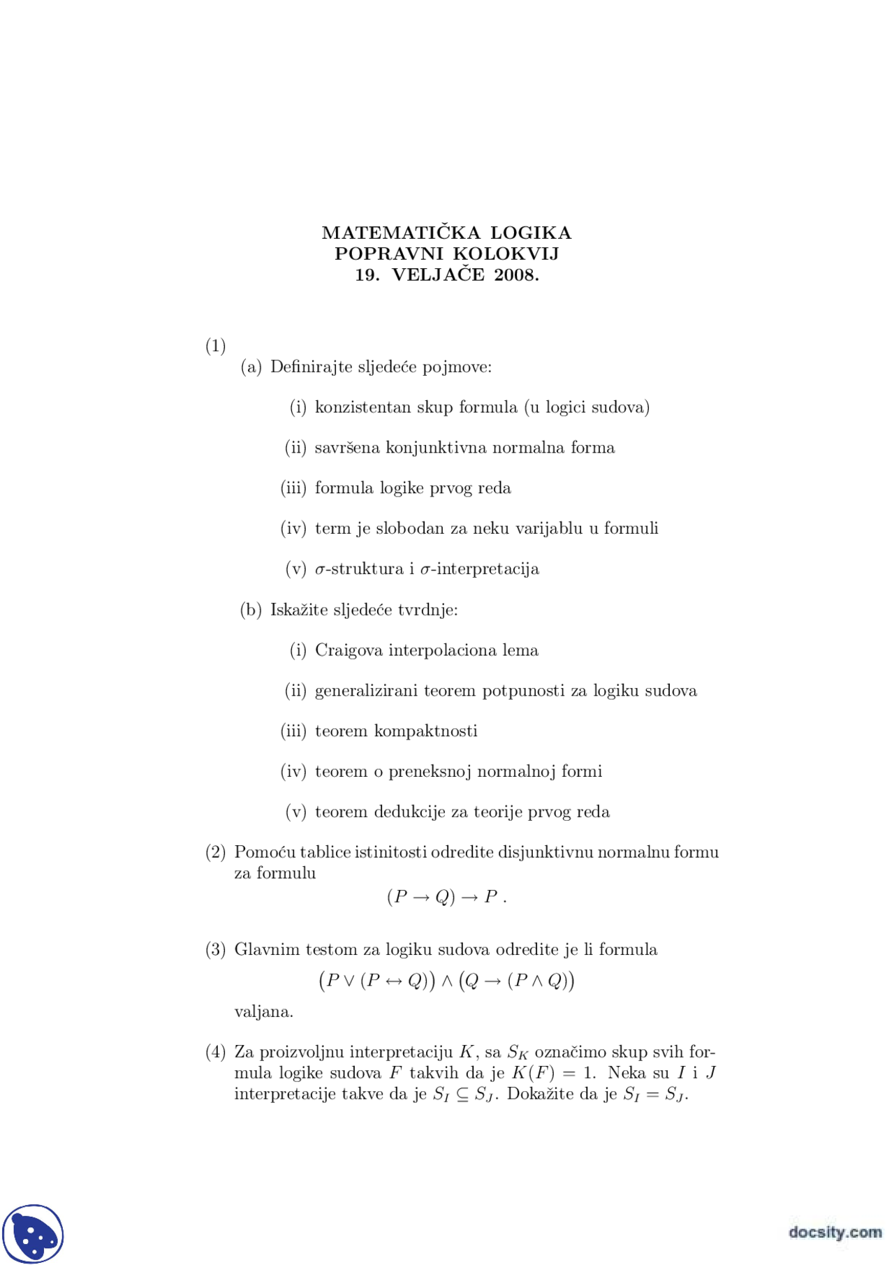 Kolokvijumi-Ispit-Matematicka logika-Matematika (14) | Ispiti' predlog Logika - Docsity