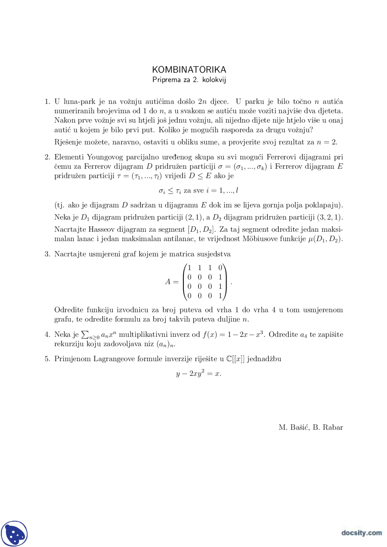 Kolokvijumi-Ispit-Kombinatorika-Matematika (7) | Ispiti' predlog Kombinatorika - Docsity