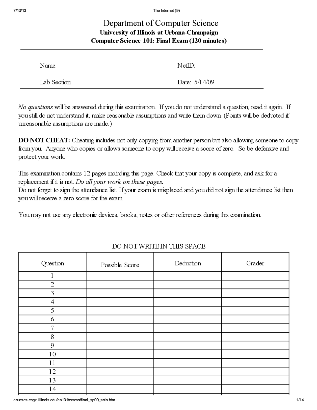 Department Of Computer Science Final Exam Cs 101 Docsity