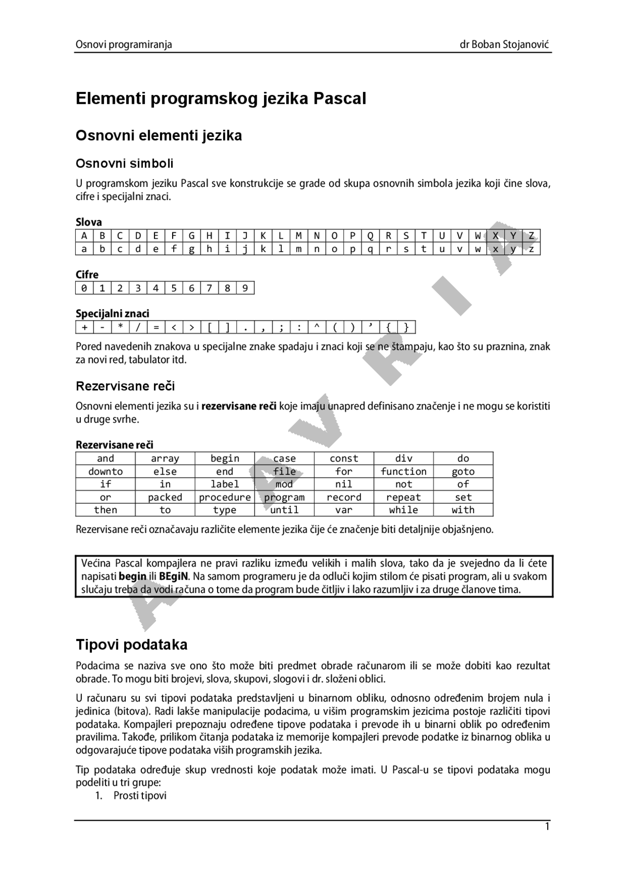 Elementi Programskog Jezika Pascal Skripta Osnovi Programiranja 1