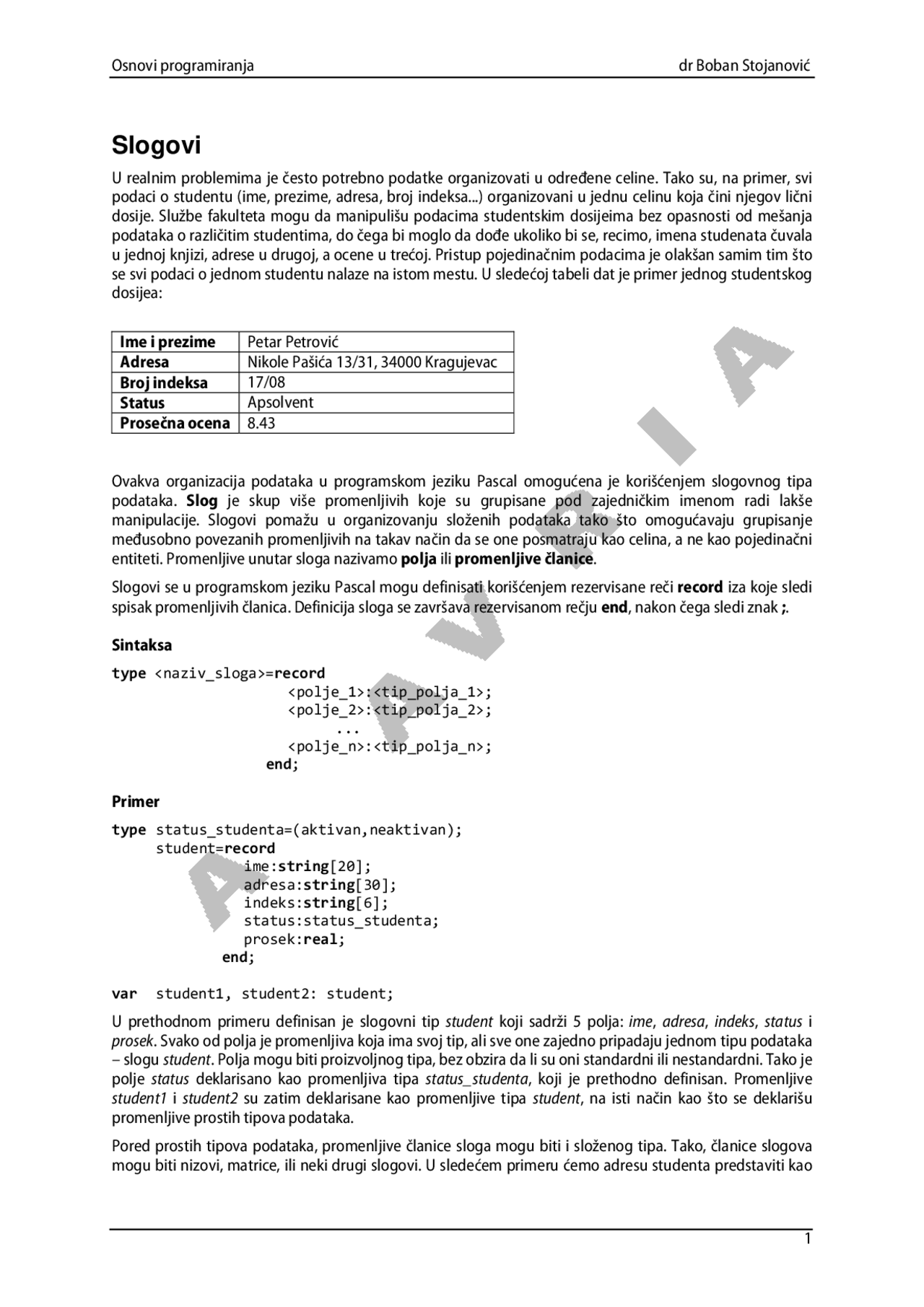 Slogovi Skripta Osnovi Programiranja 1 Informatika Rezime Predlog