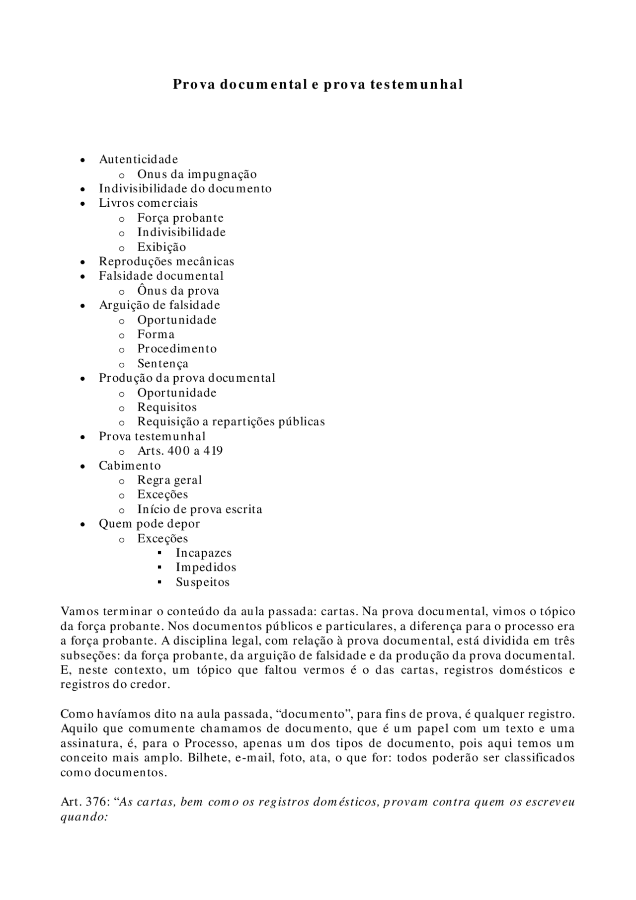Prova Documental E Prova Testemunhal Apostilas Direito Processual