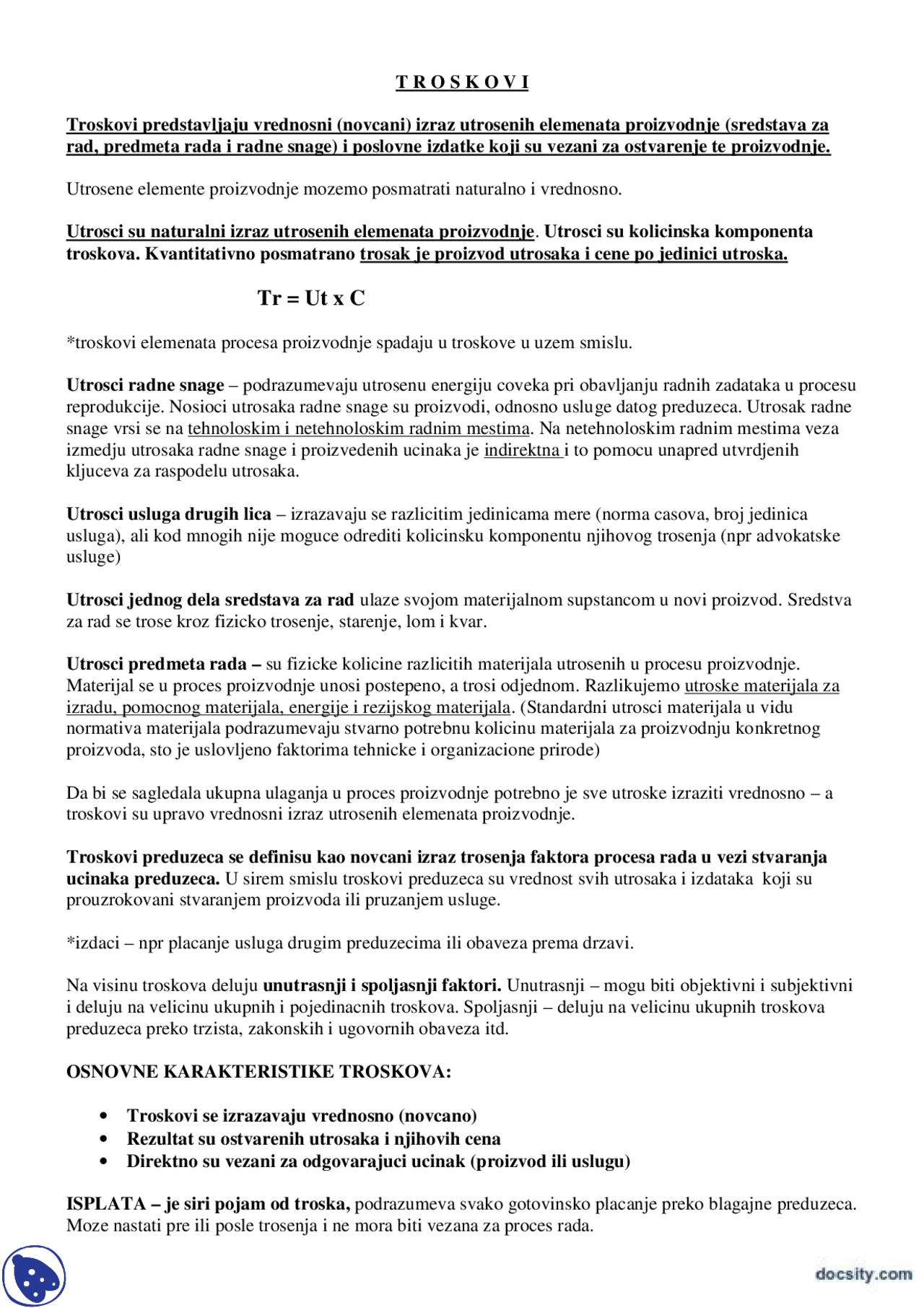 Troskovi Skripta Ekonomika Poslovanja Rezime Predlog Ekonomika