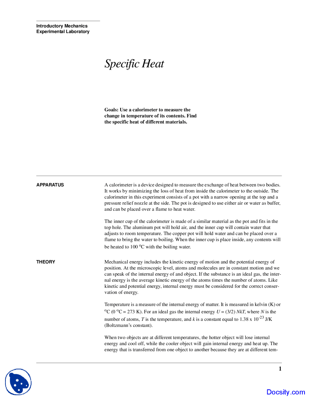 Specific Heat General Physcis Lab Handouts Docsity
