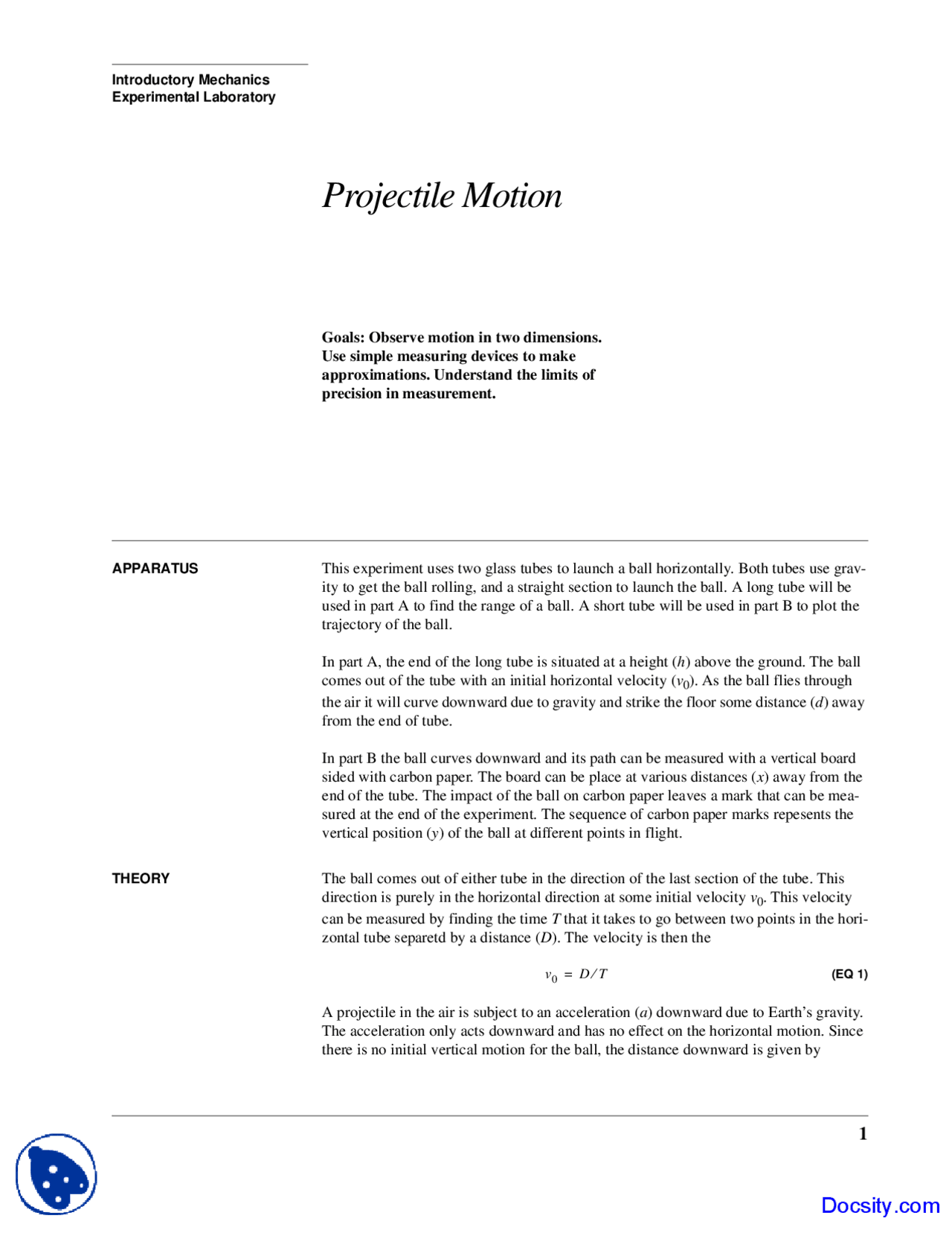 Projectile Motion General Physcis Lab Handouts Monografías