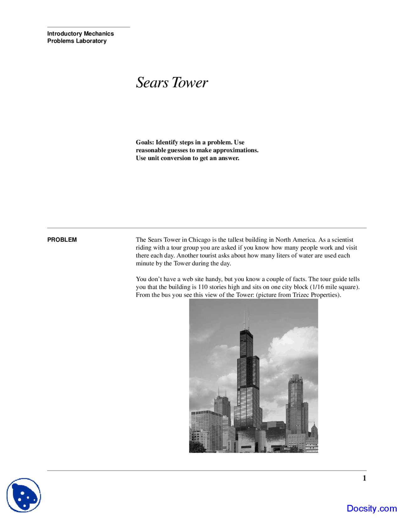 Sears Tower General Physcis Lab Handouts Docsity