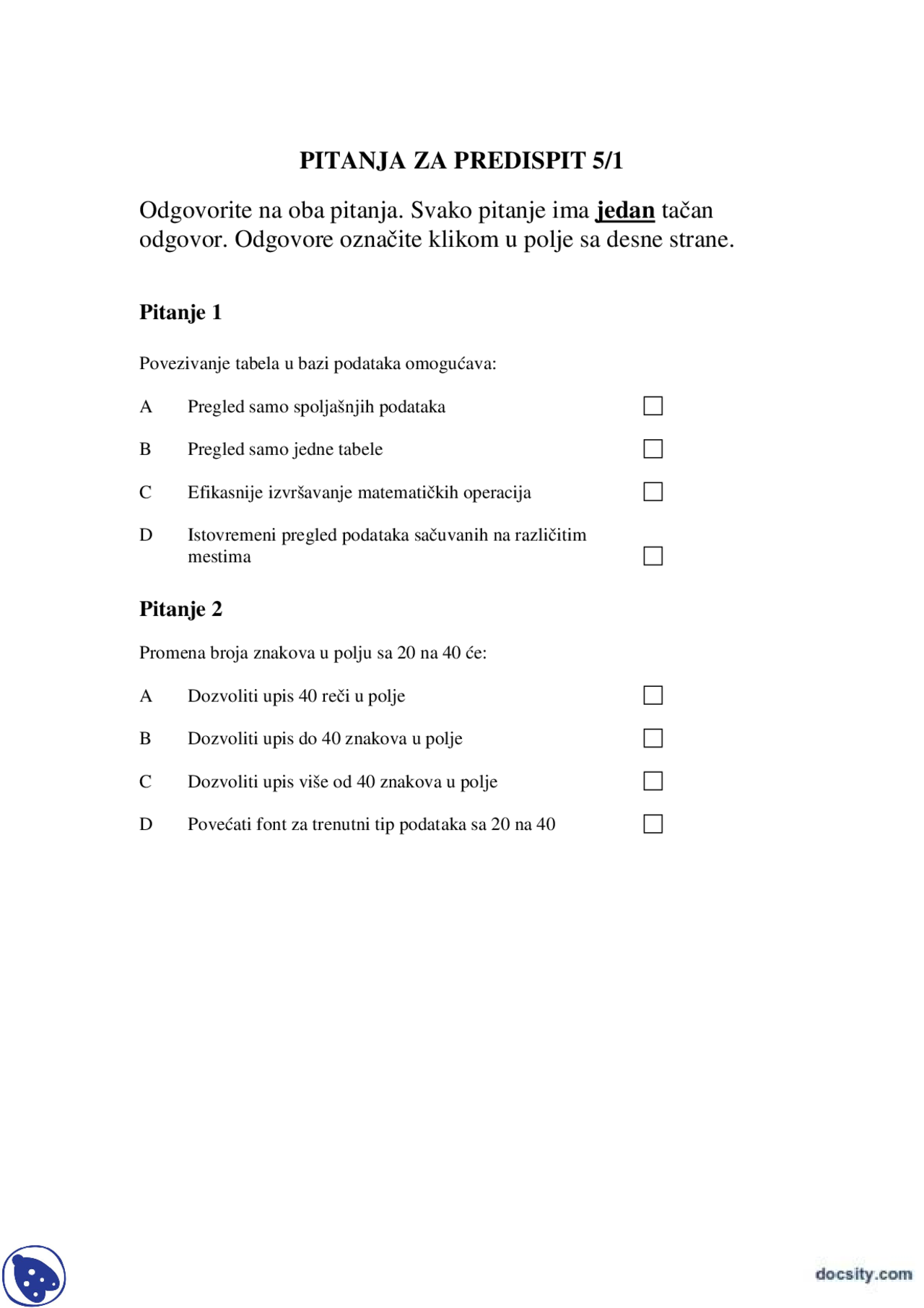 Odgovori-Ispit-Baze podataka-Informatika (1) | Ispiti' predlog Baze podataka - Docsity