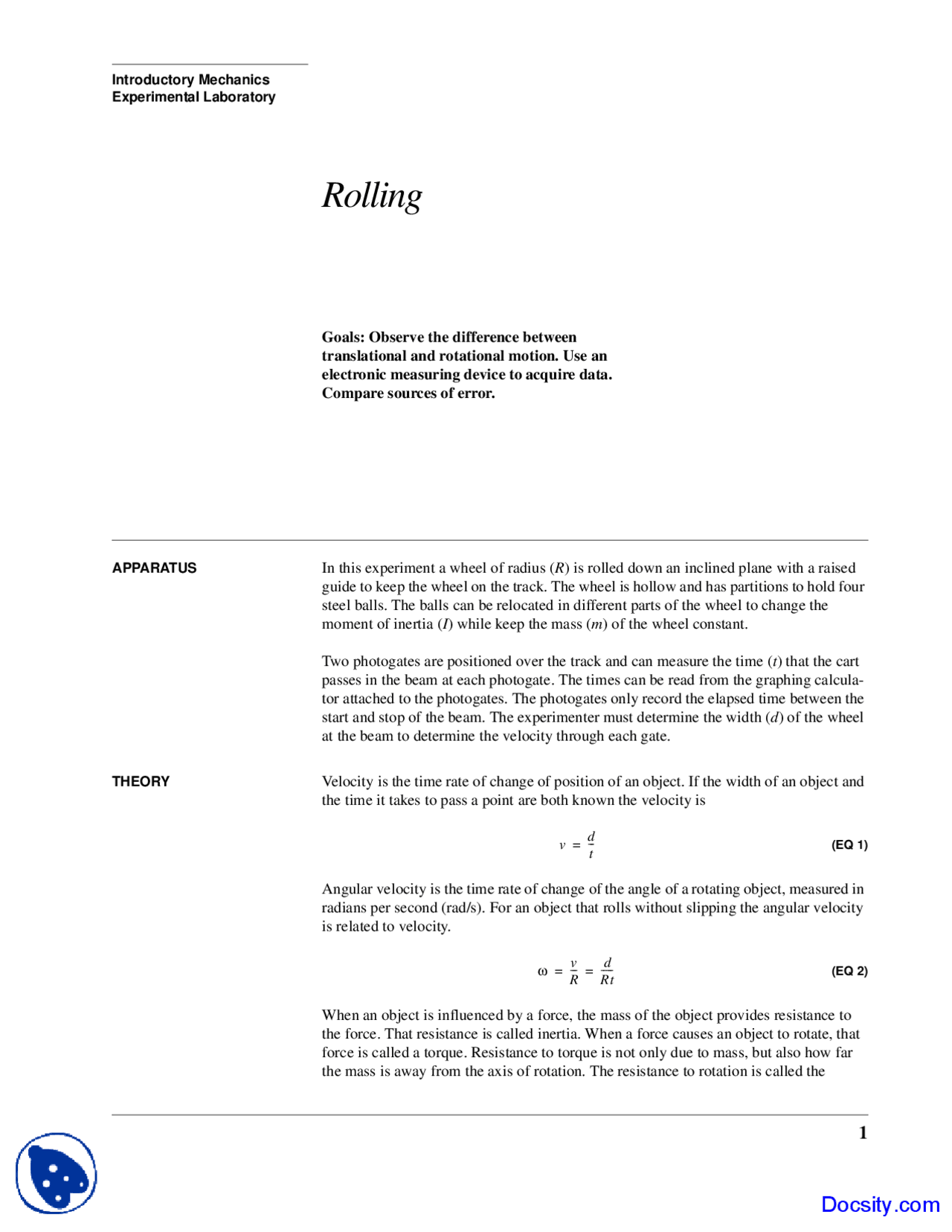 Rolling General Physcis Lab Handouts Docsity