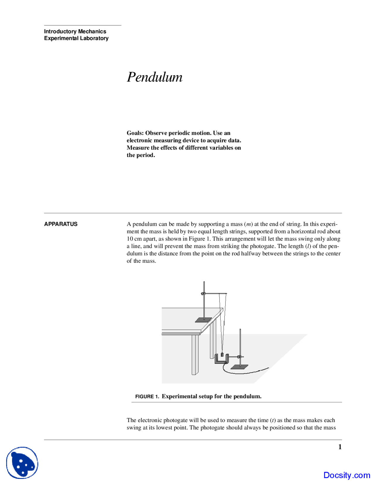 Pendulum - General Physcis - Lab Handouts - Docsity