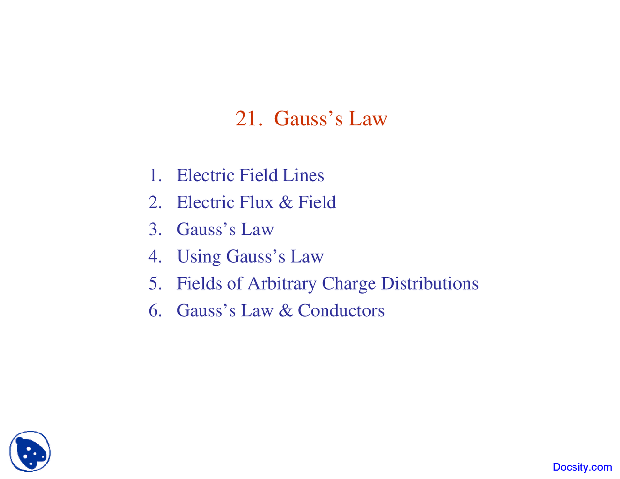 Gauss Law General Physcis Lecture Slides Docsity