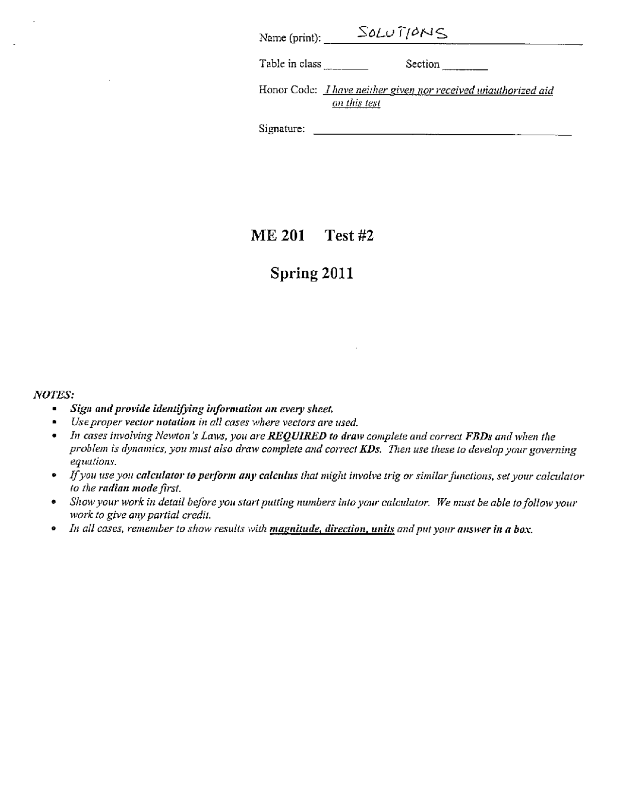 Exam 2 With Solution For Statics And Dynamics M E 201 Docsity