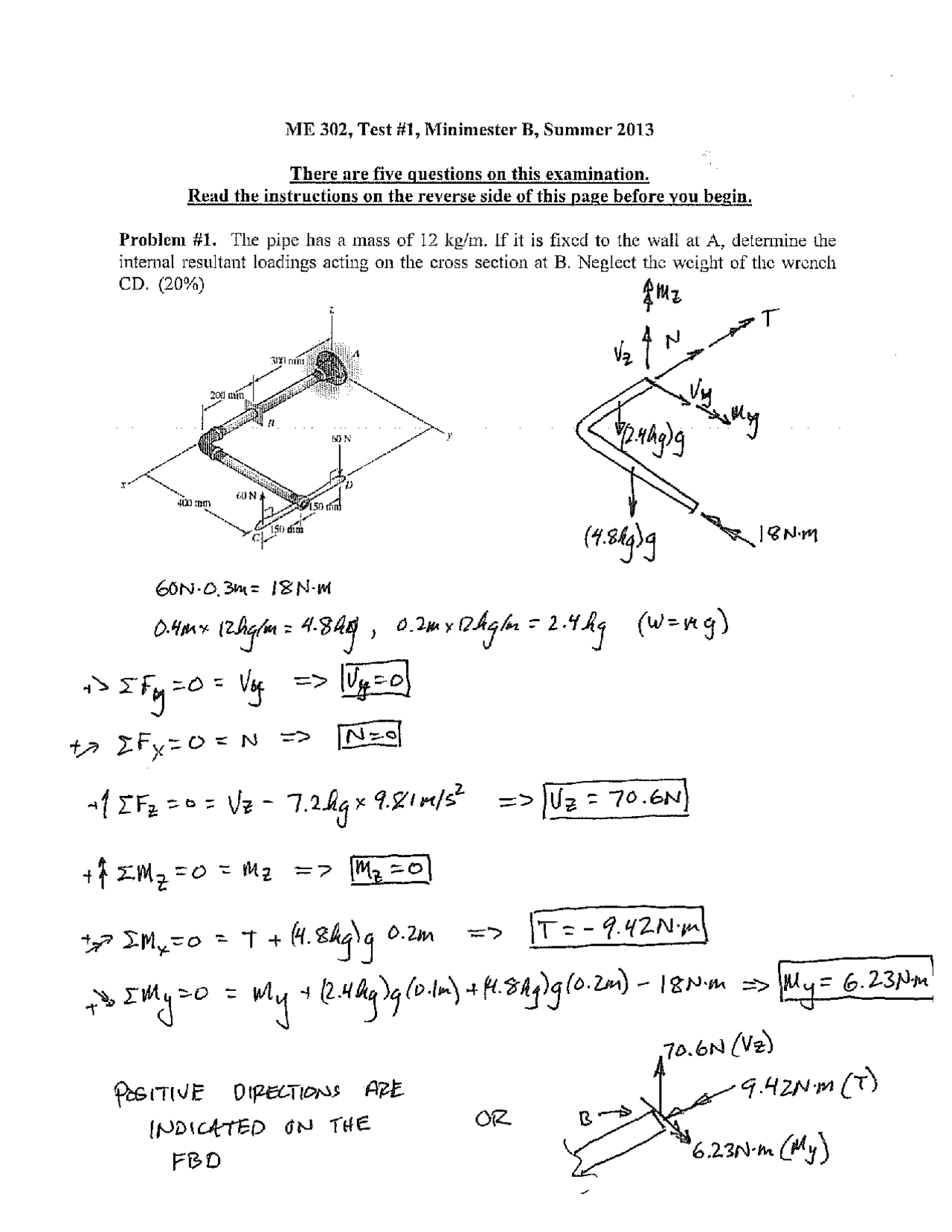 Test 1 with Answer Key - Mechanics of Materials | M E 302 - Docsity