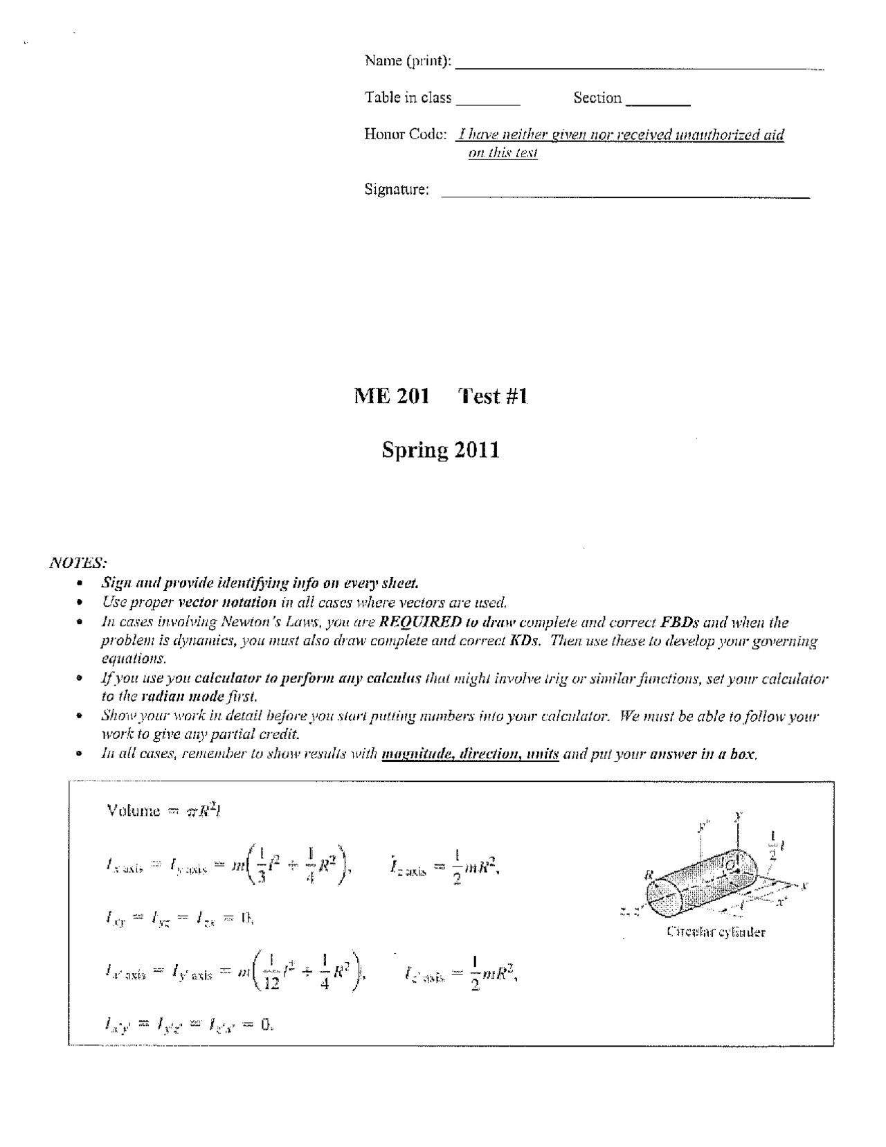 Statics And Dynamics Test For Exams M E 201 Docsity