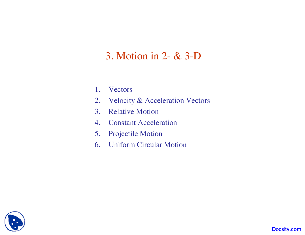Motion In 2 3d General Physcis Lecture Slides Docsity