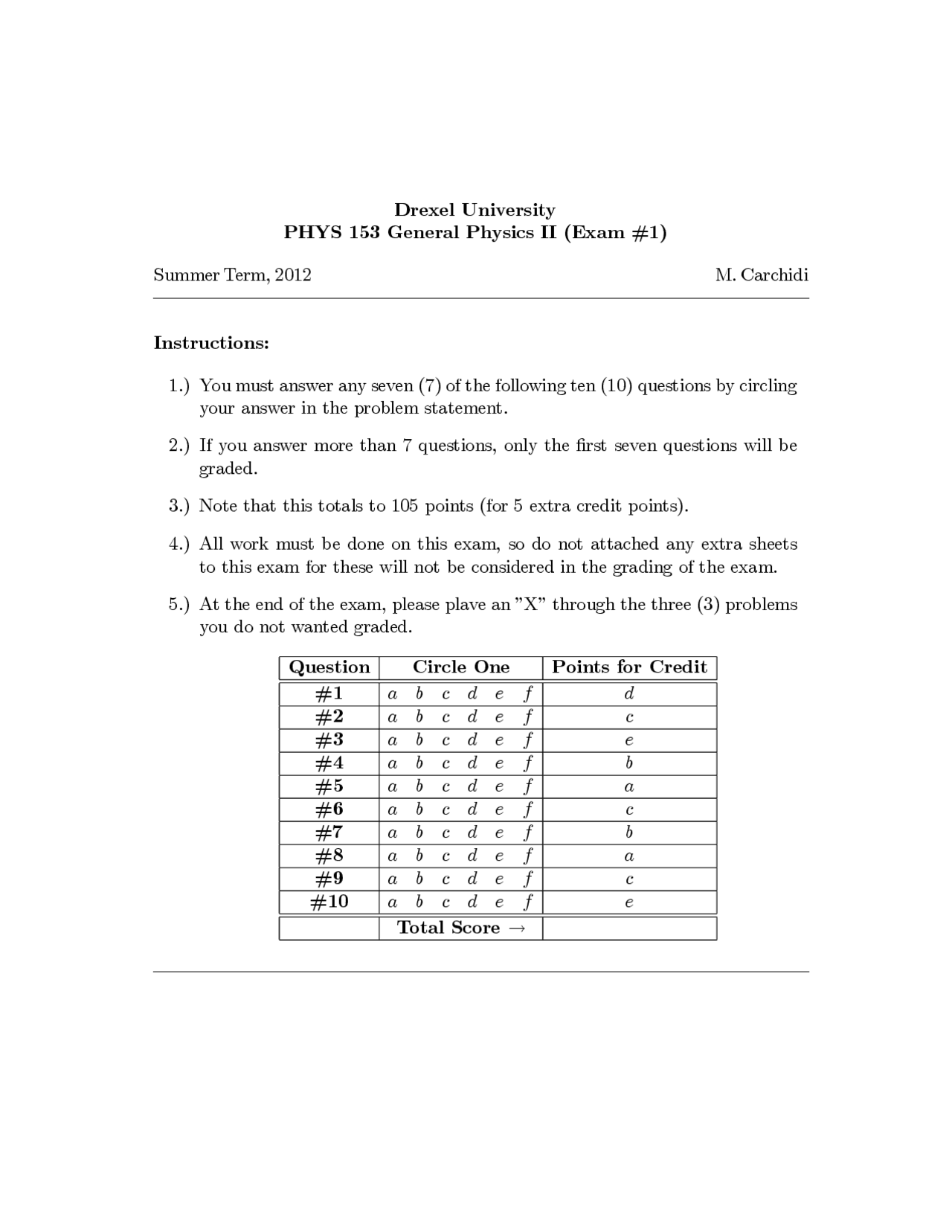 10 Problems Exam 1 Introductory Physics Ii Phys 153 Docsity