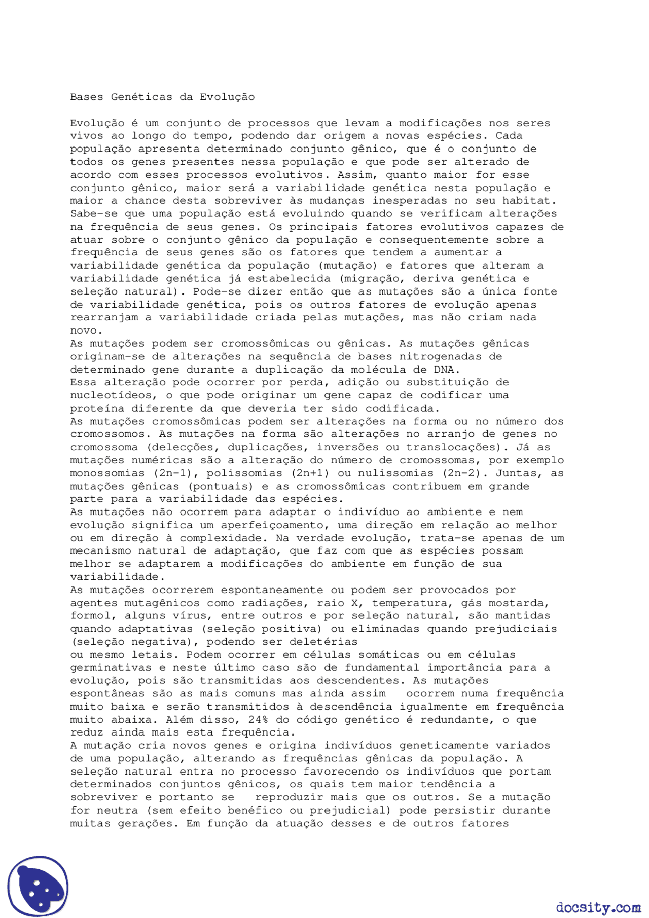 Bases Genéticas Da Evolução Apostilas Biologia Docsity
