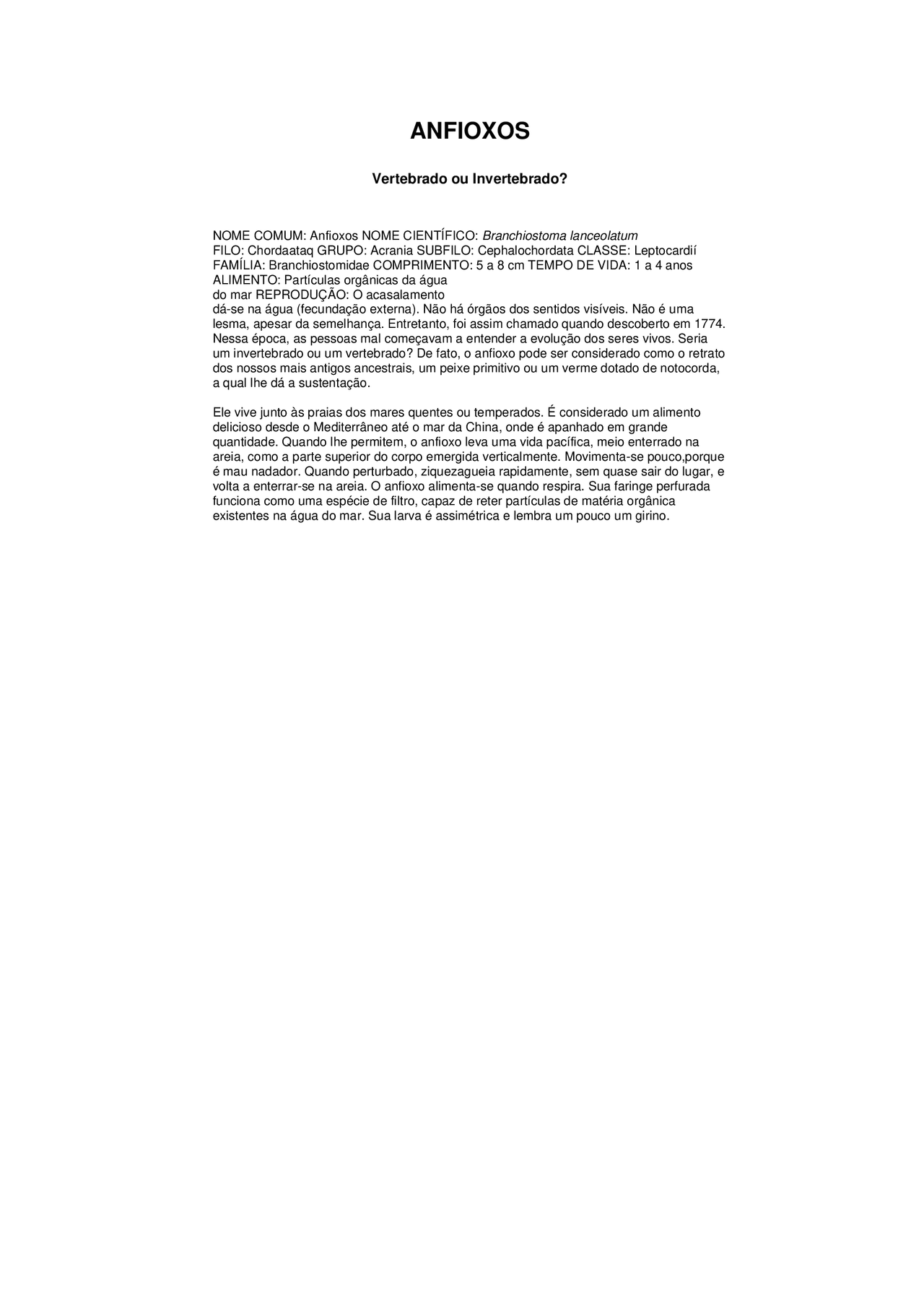 Anfioxos - Apostilas - Biologia - Docsity