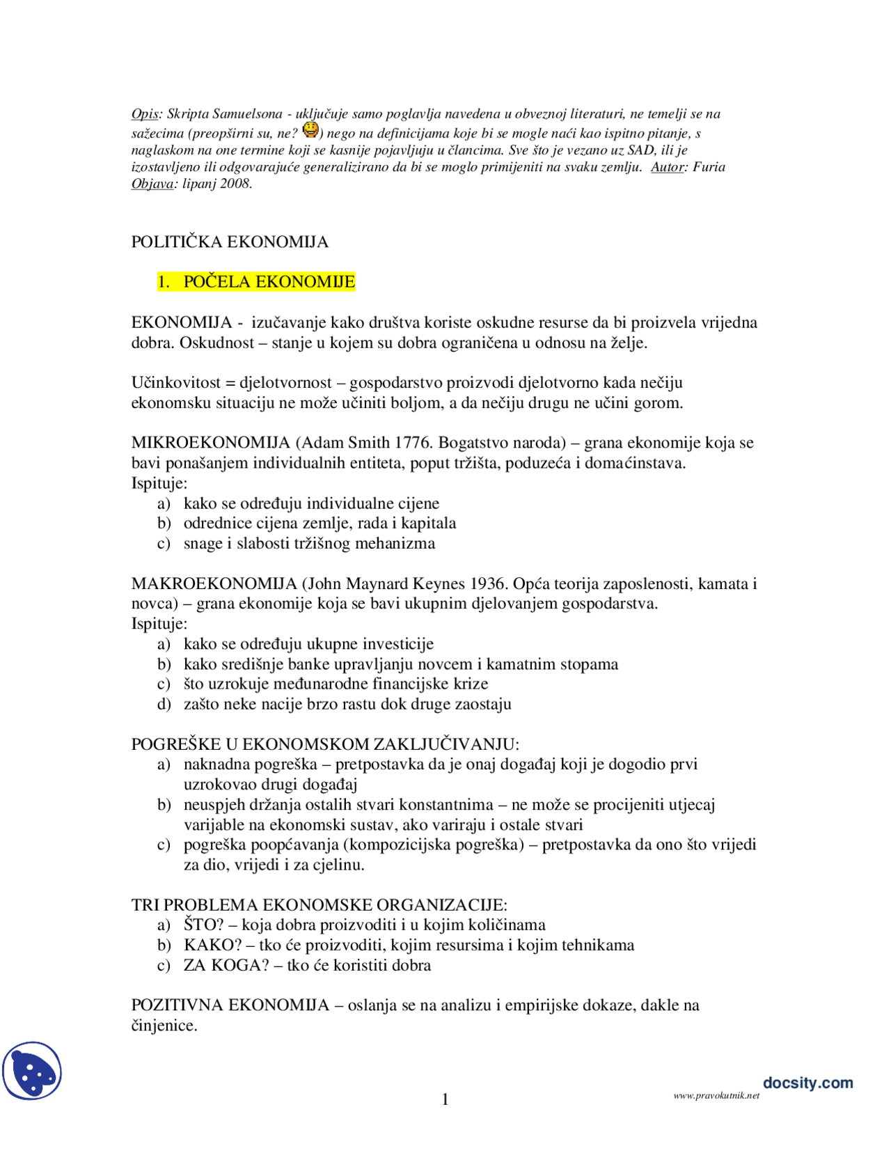 Samuelson-Skripta-Politicka ekonomija-Pravo | Rezime' predlog Ekonomija - Docsity