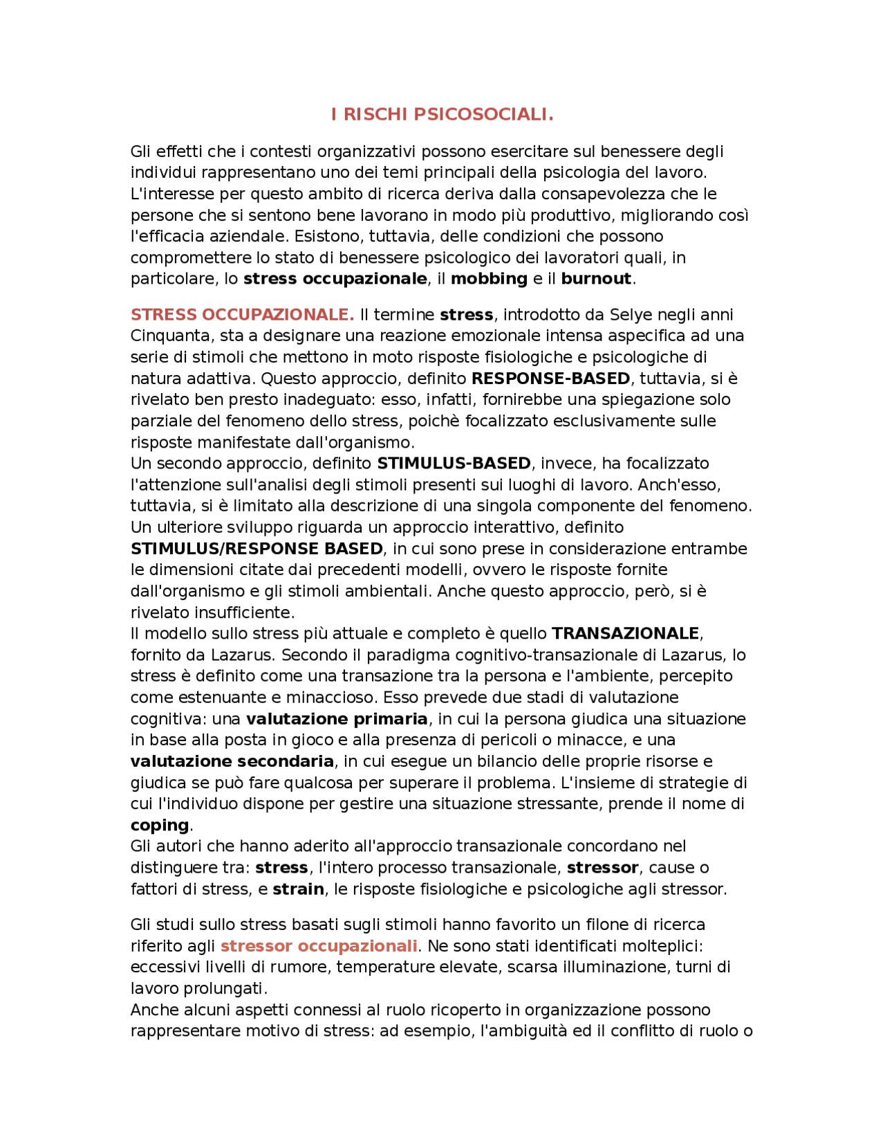 Psicologia del lavoro - Rischi psicosociali. - Docsity