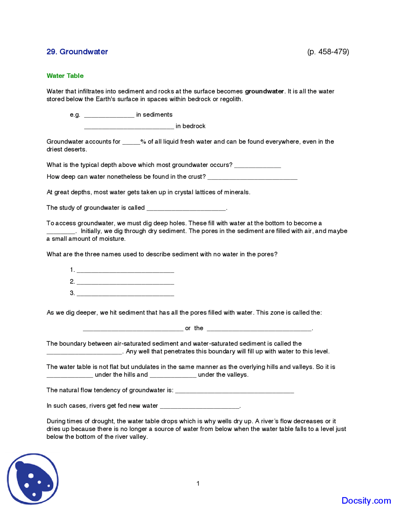 Water Table General Geology Lecture Notes Docsity