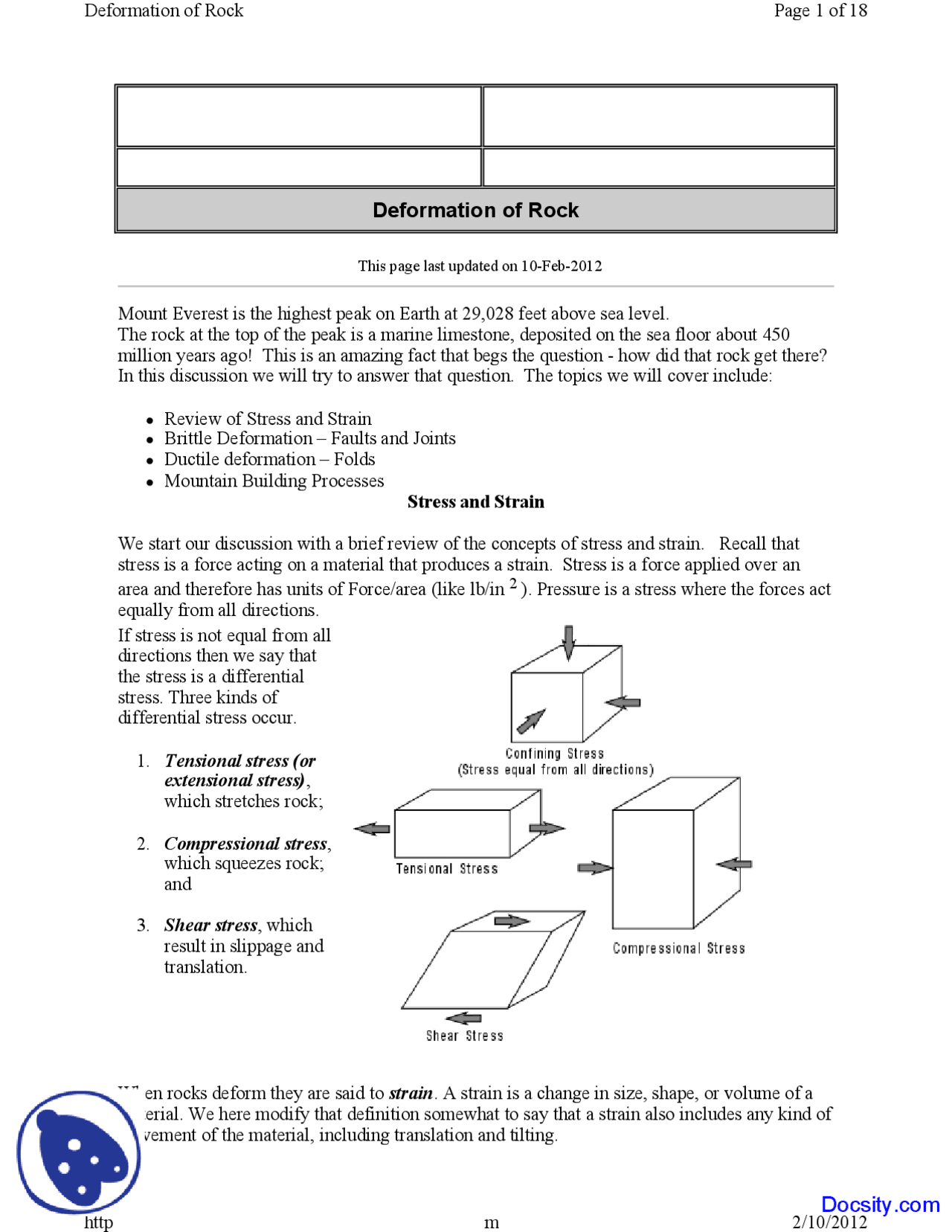 Deformation Of Rock General Geology Lecture Notes Docsity