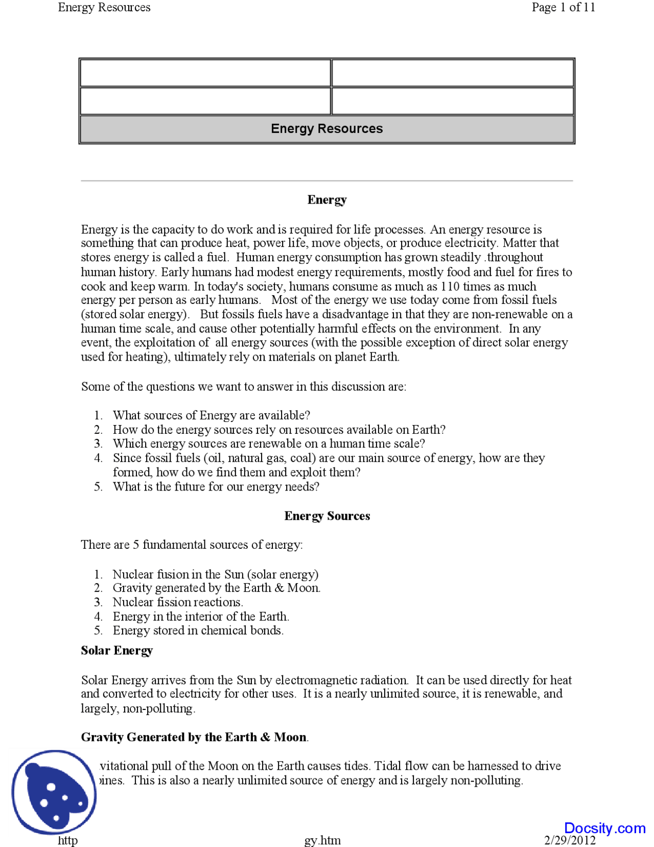 Energy Resources General Geology Lecture Notes Docsity
