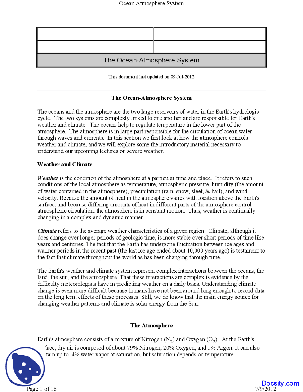 Ocean-Atmosphere System - General Geology - Lecture Notes - Docsity