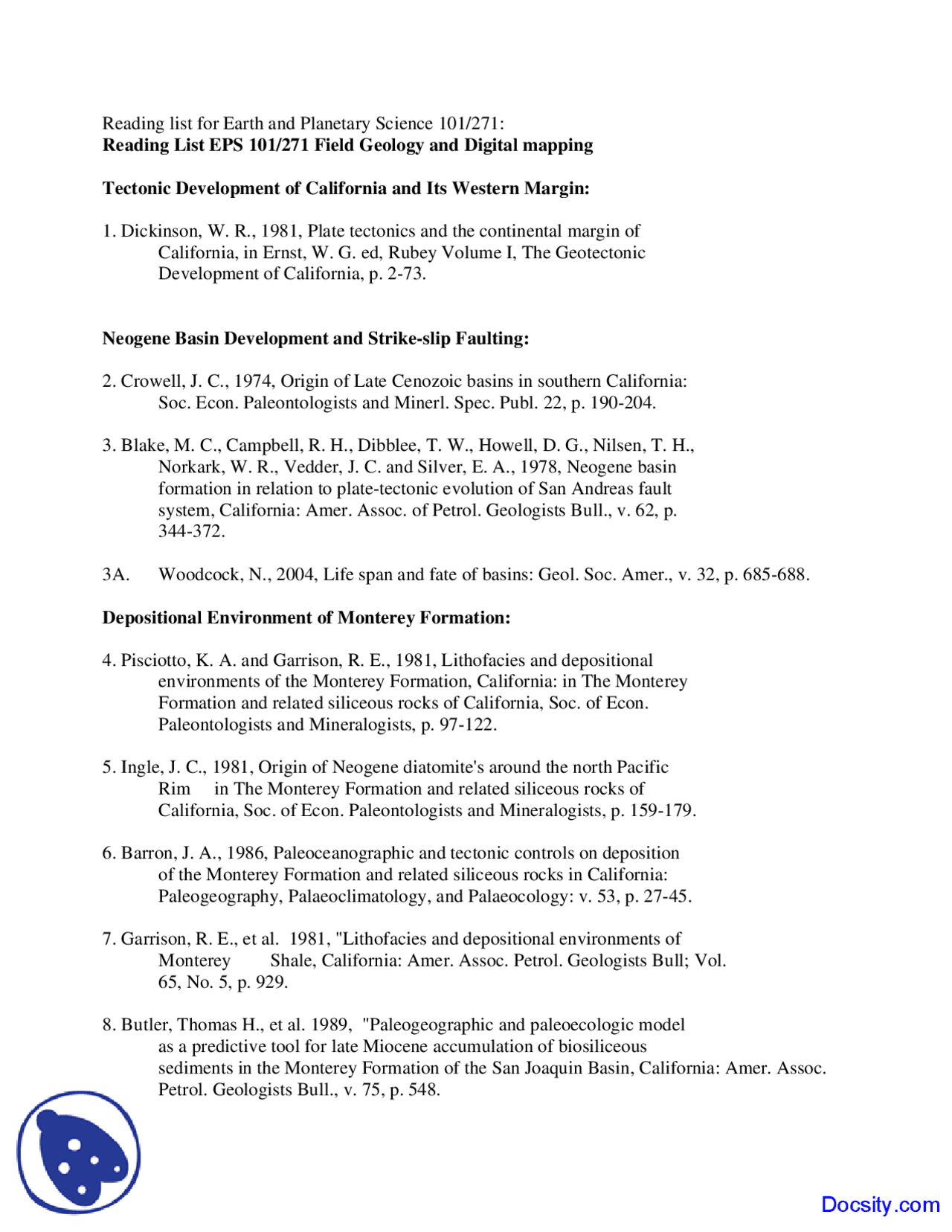 Readinglist Field Geology Lecture Notes Docsity