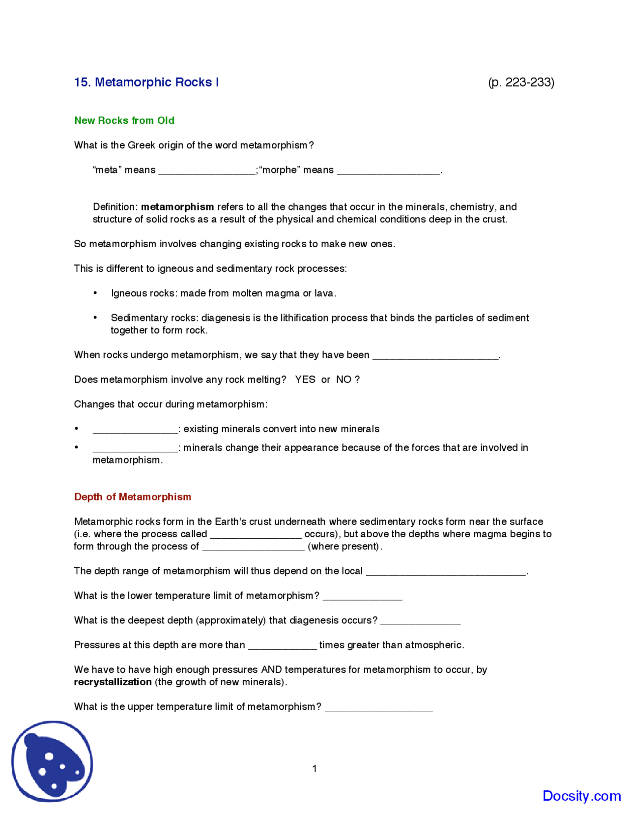 Metamorphic Rocks General Geology Lecture Notes Docsity