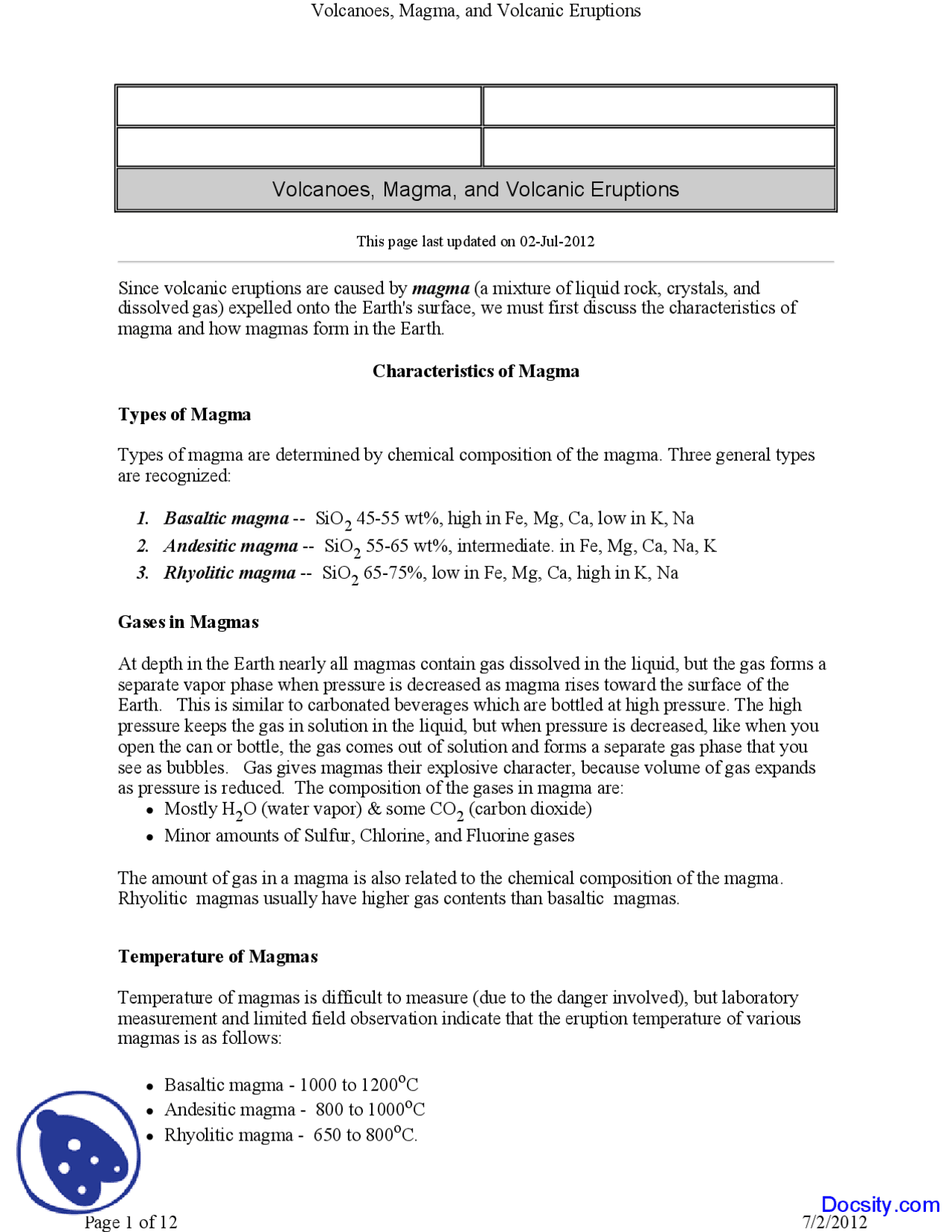 Volcanic Eruptions General Geology Lecture Notes Docsity