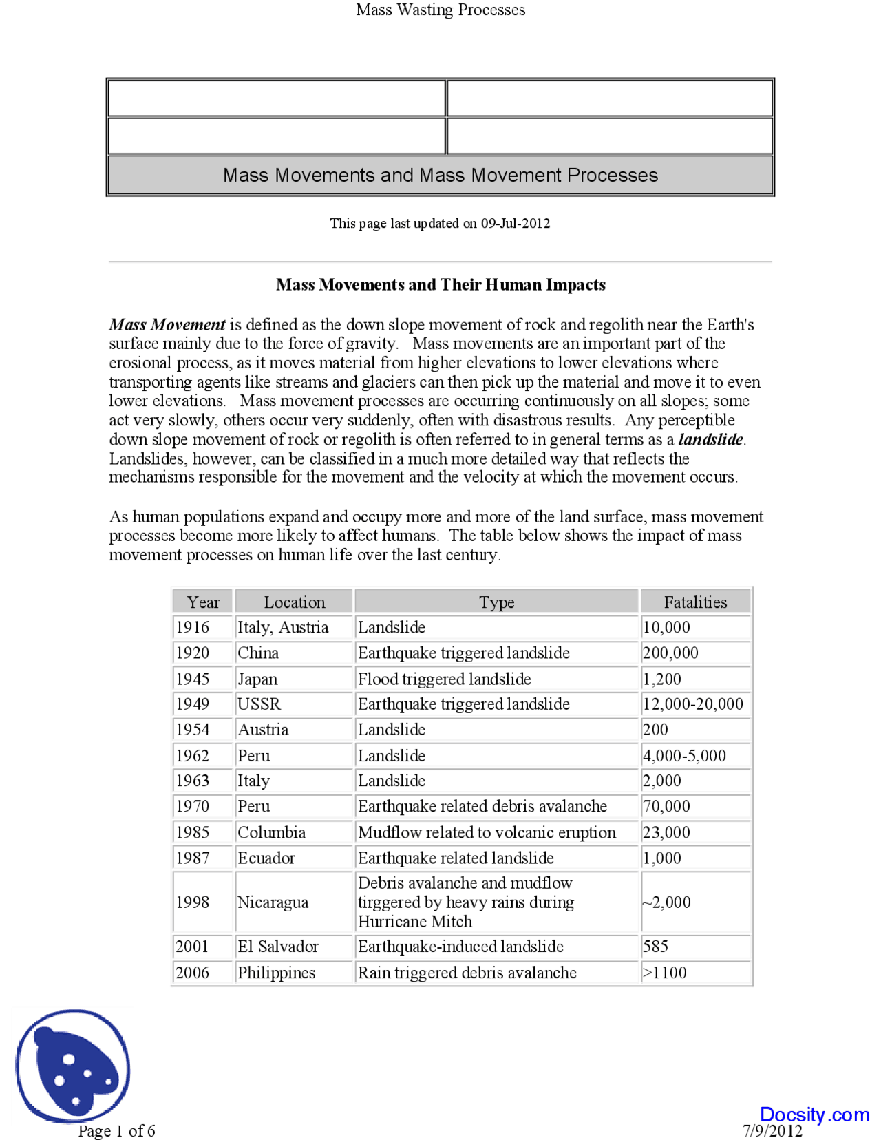Mass Wasting Processes - General Geology - Lecture Notes | Study notes ...