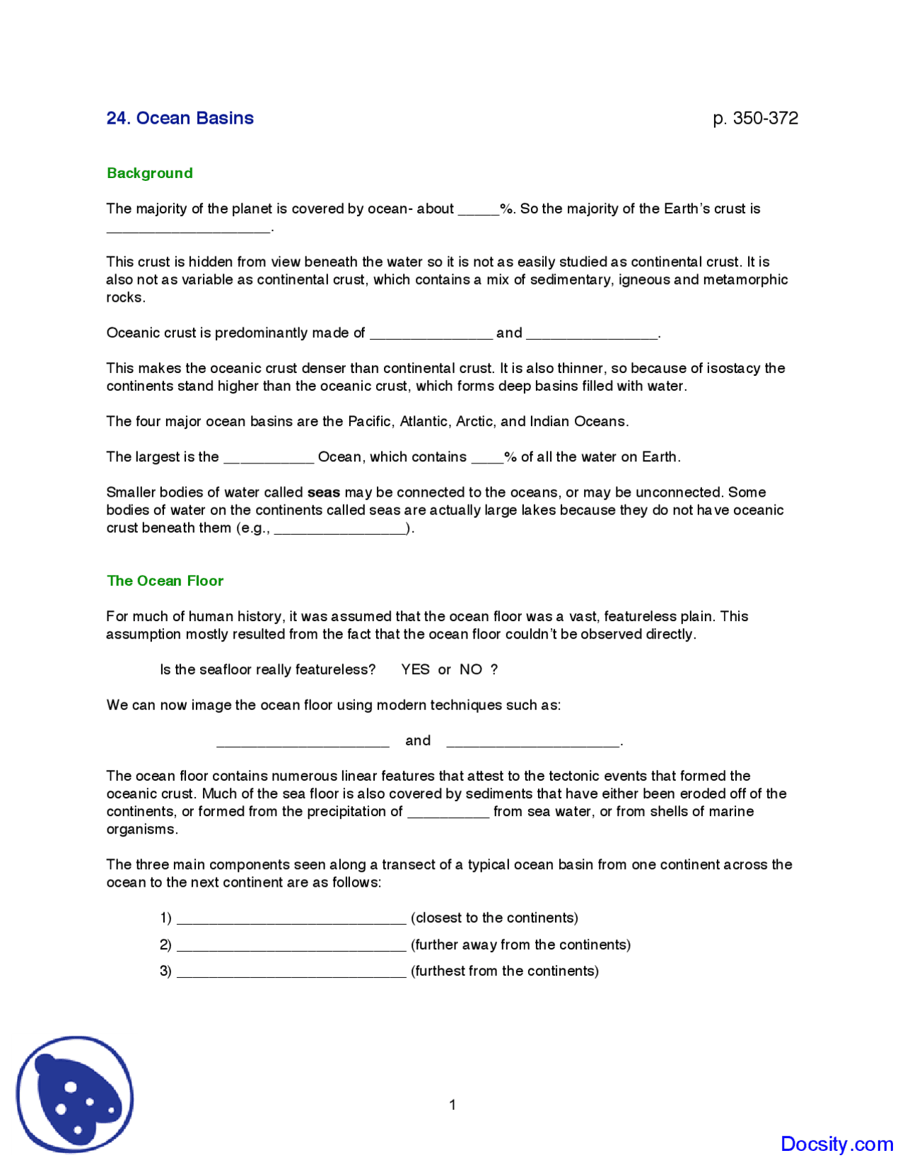 Ocean Basins General Geology Lecture Notes Docsity