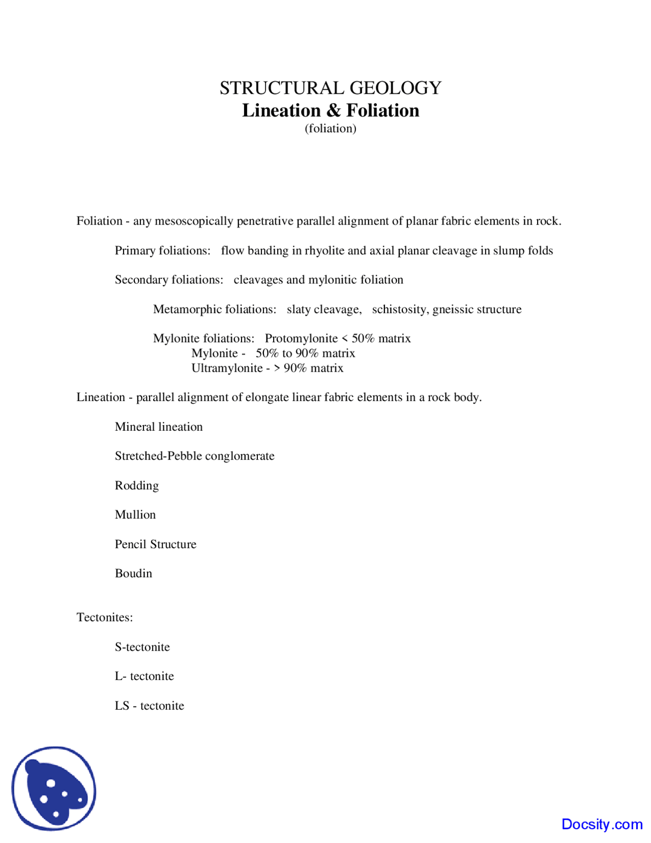 Lineation And Foliation Field Geology Lecture Notes Docsity