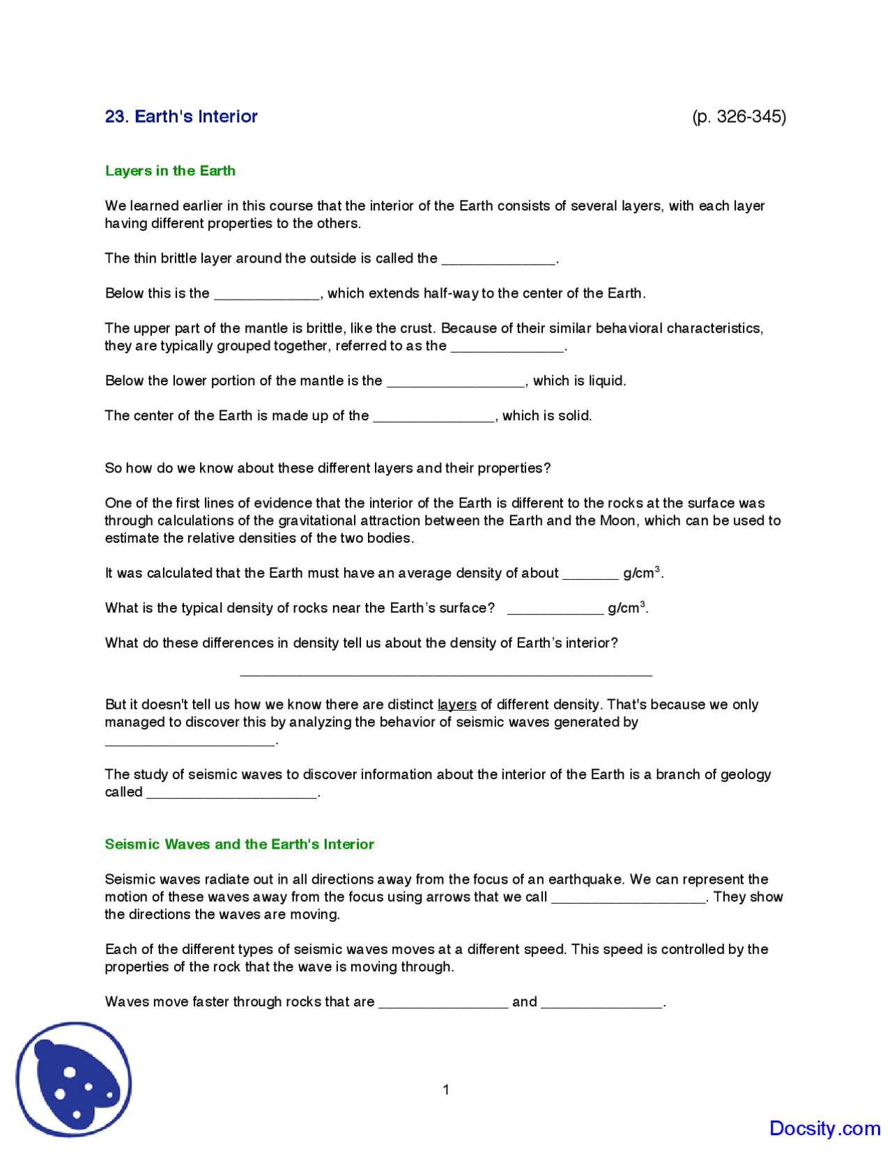 Earth's Interior - General Geology - Lecture Notes - Docsity