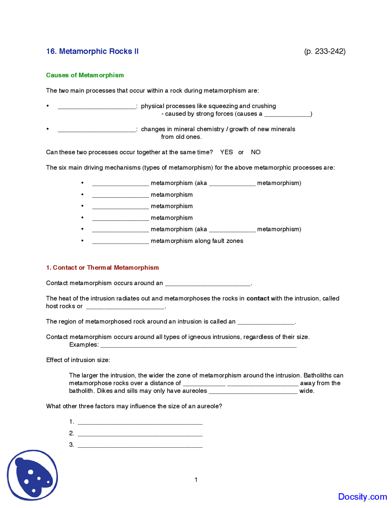 Causes Of Metamorphism General Geology Lecture Notes Docsity